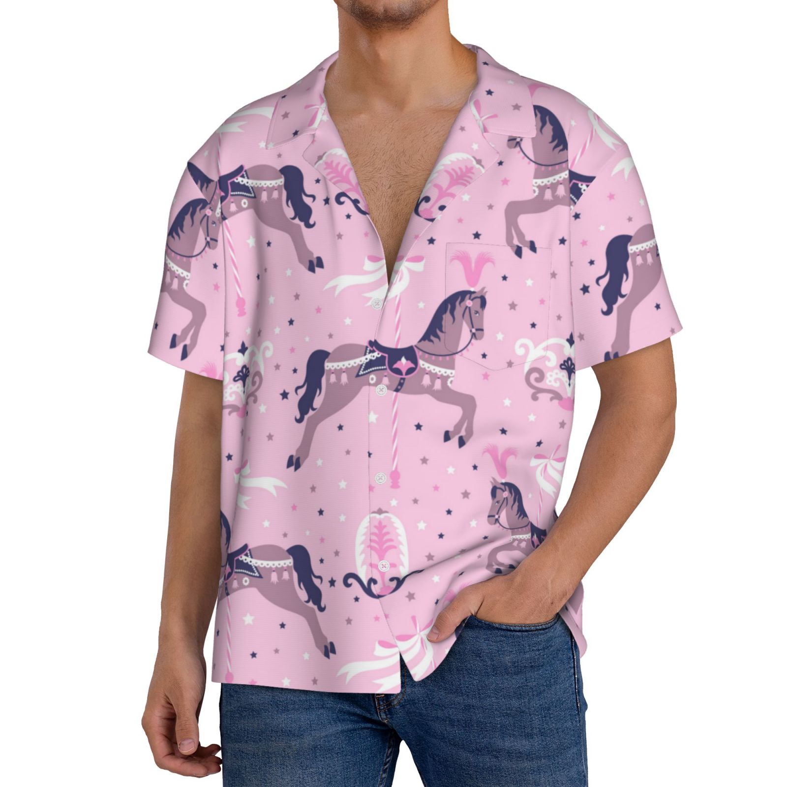 Hawaiian Shirt for Men - Exotic Cute Horse Star Pink Short Sleeve ...