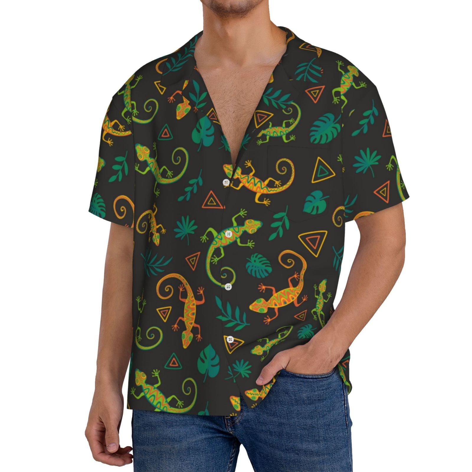 Hawaiian Shirt for Men - Exotic Funny Gecko Lizard Leaves Short Sleeve ...