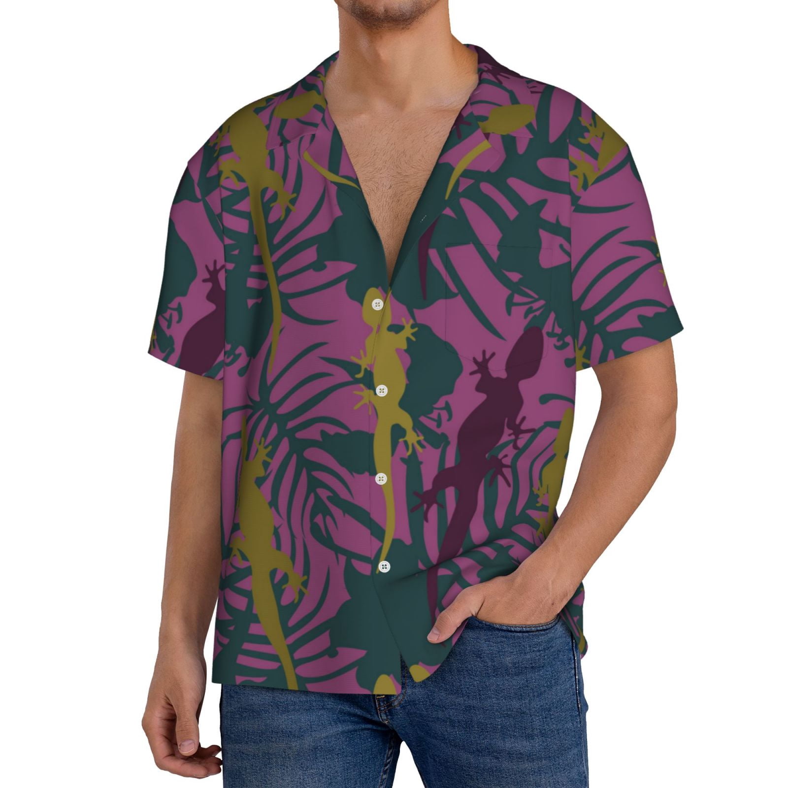 Hawaiian Shirt for Men - Exotic Gecko Lizard Leaves Short Sleeve Button ...