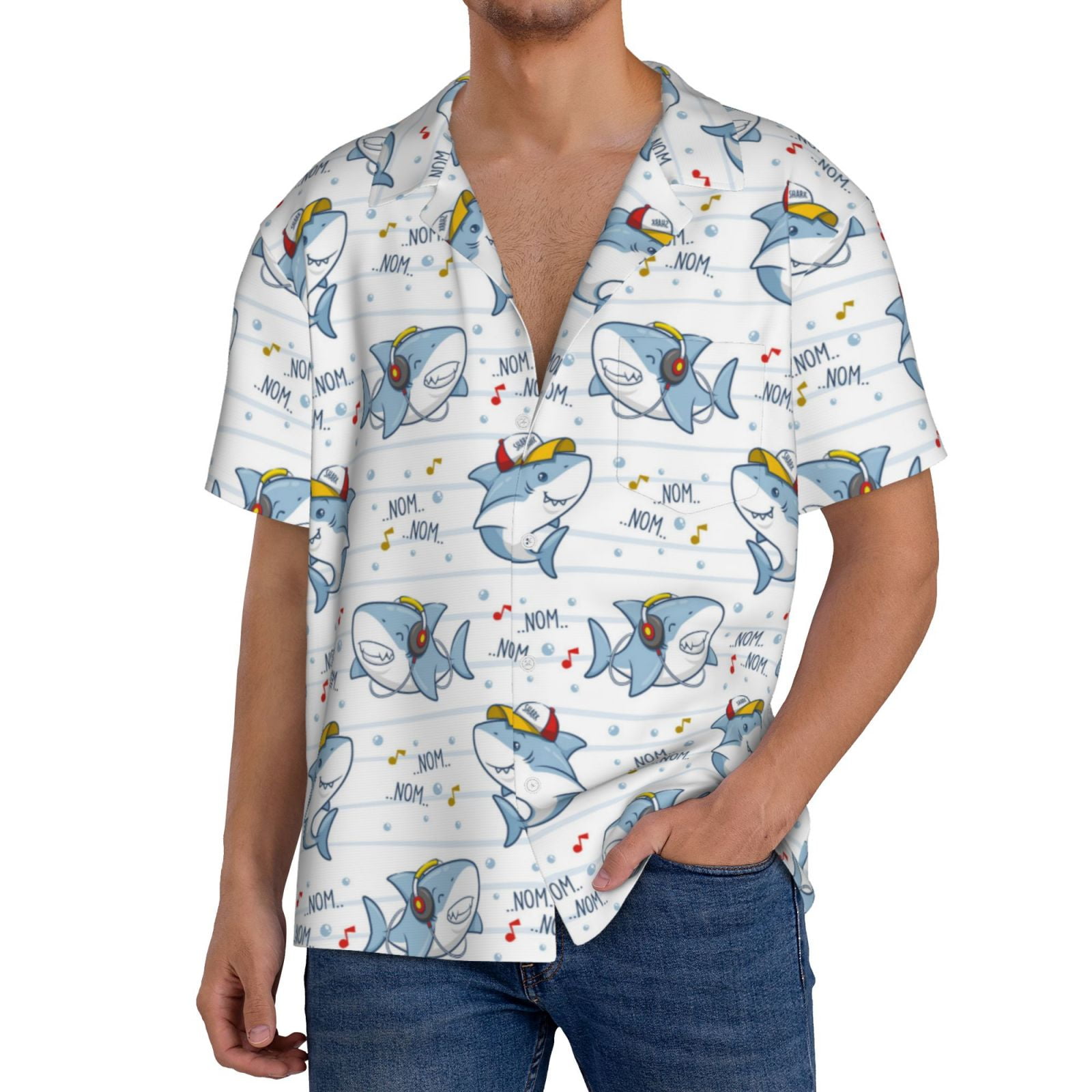 Hawaiian Shirt for Men - Funny Cartoon Shark Happy Short Sleeve Button ...