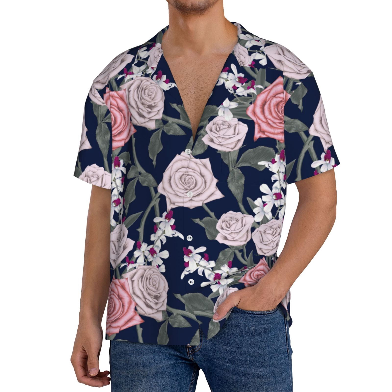 Hawaiian Shirt for Men - Gorgeous Pink Rose Flowers Short Sleeve Button ...