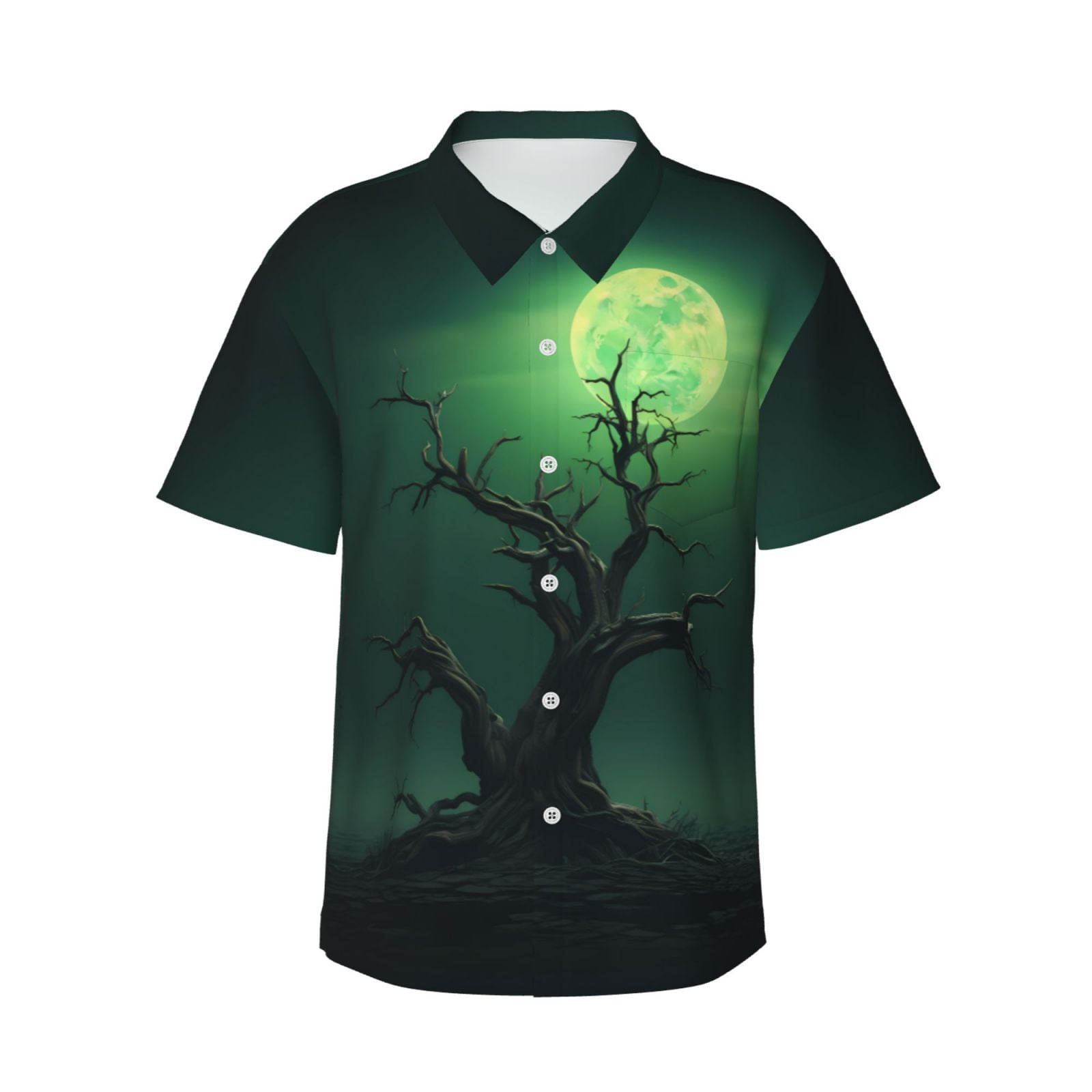 Hawaiian Shirt for Men, Green Night Sky Moon Branches Summer Shirts for ...