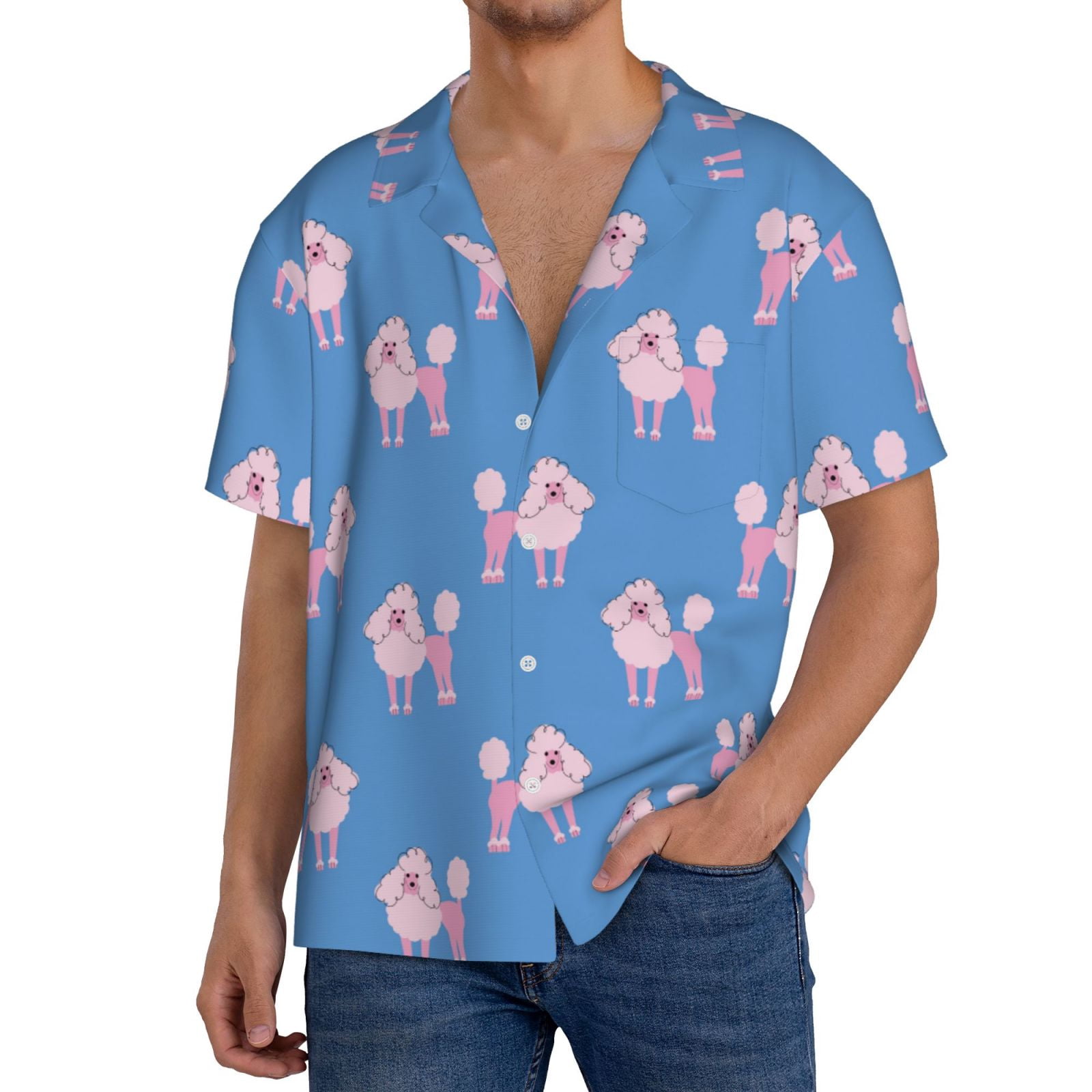 Hawaiian Shirt for Men - Pink Cute Poodle Dog Blue Short Sleeve Button ...
