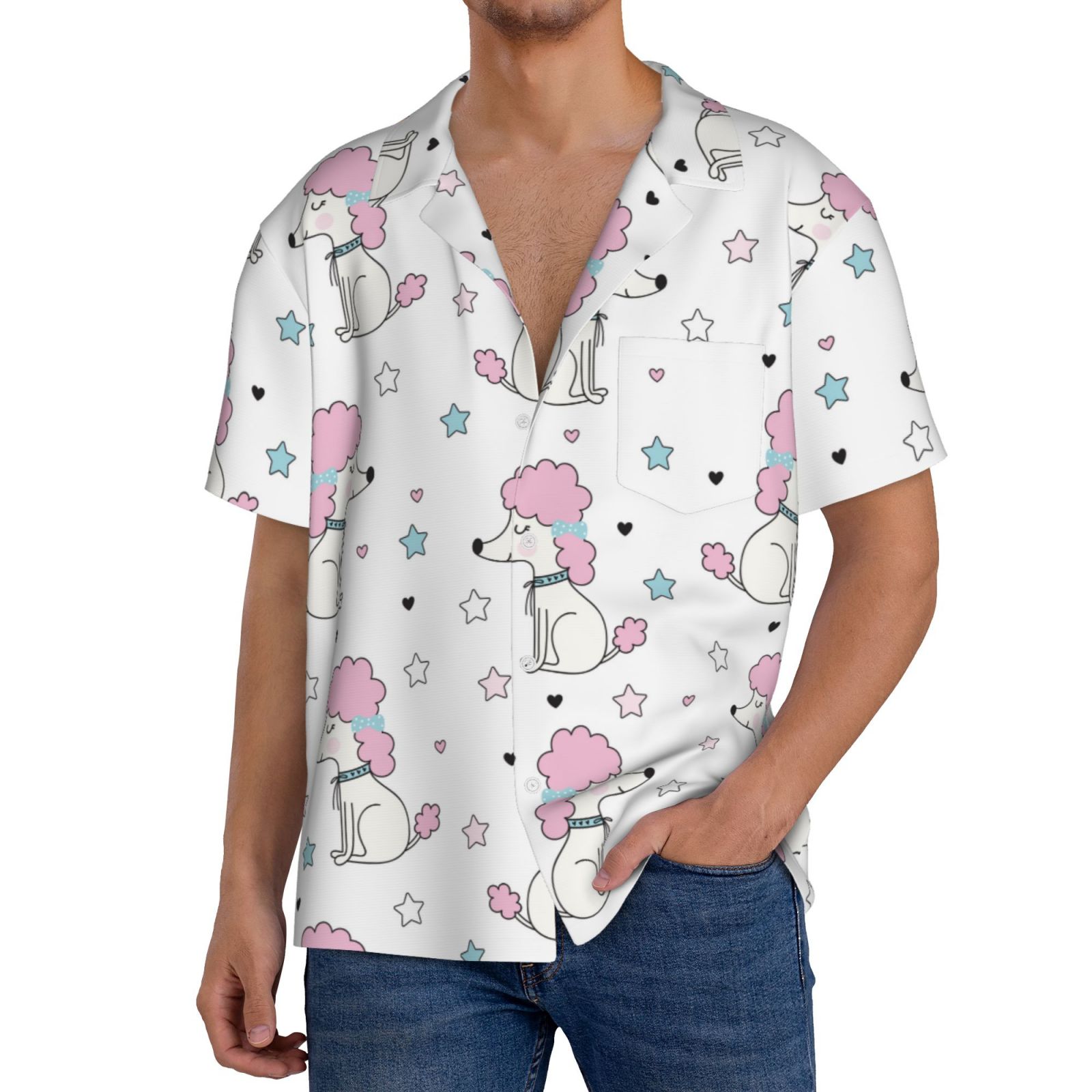 Hawaiian Shirt for Men - Pink Cute Poodle Dog Stars Short Sleeve Button ...