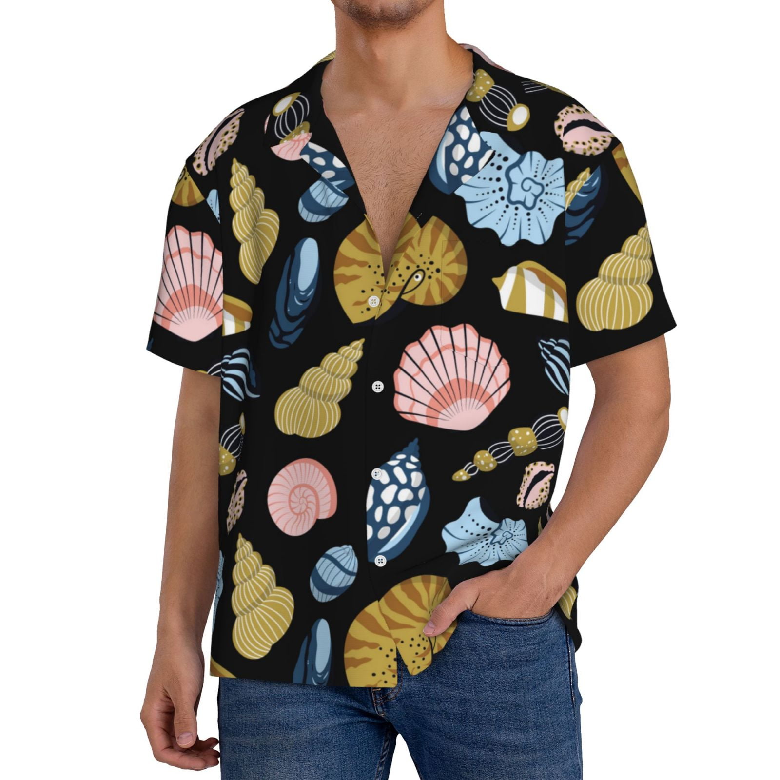 Hawaiian Shirt for Men - Pink Gold Blue Shell Conch Short Sleeve Button ...