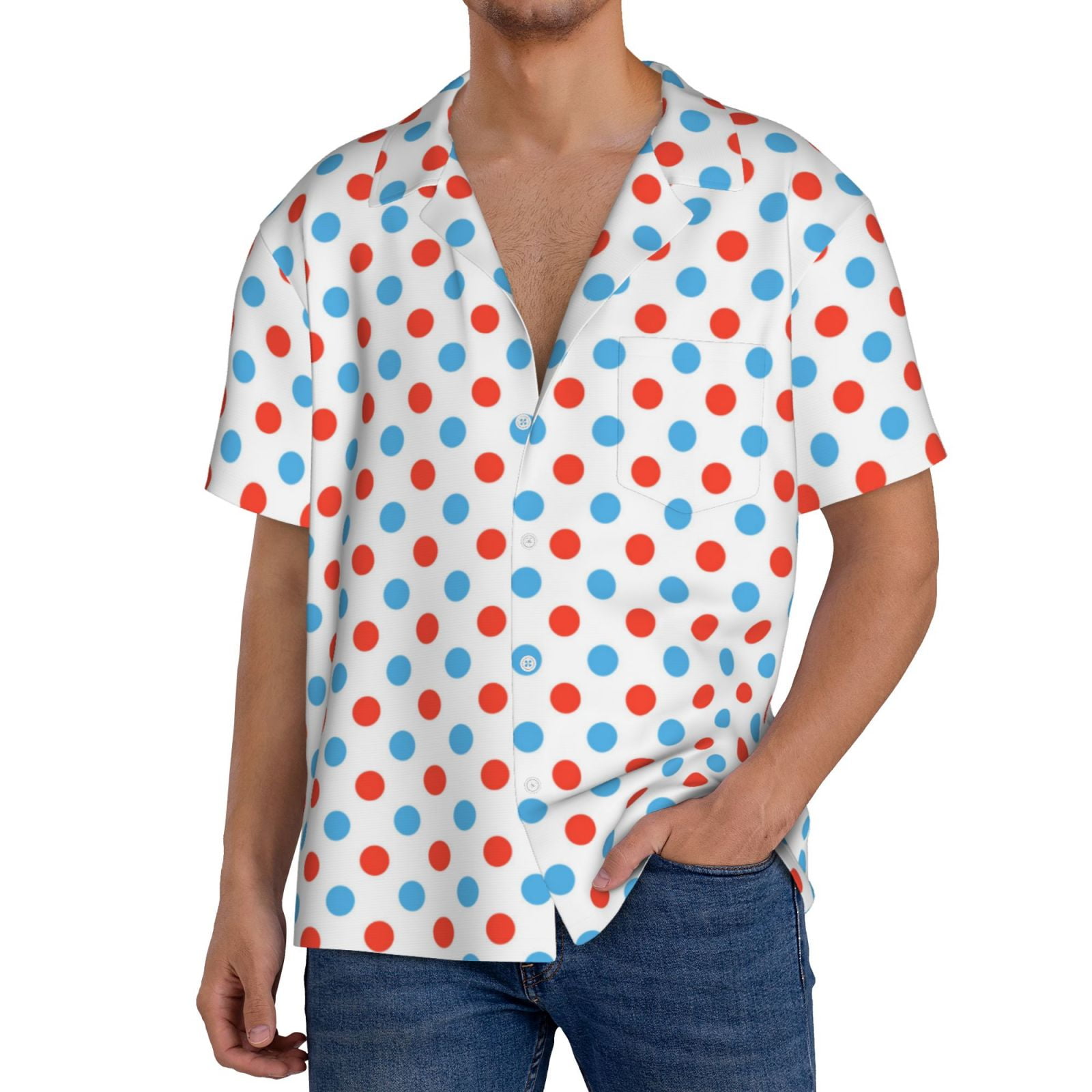 Hawaiian Shirt for Men - Red Blue Polka Dots Short Sleeve Button Down ...