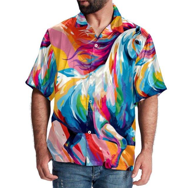 Hawaiian Shirt for Men Short Sleeve Button Down Shirt Causal Beach Shirt Horse Colorful Pattern ...
