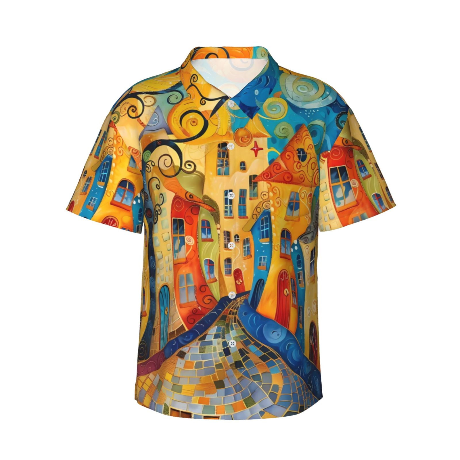 Hawaiian Shirt for Men, Whimsical Colorful Village Scene Summer Shirts ...