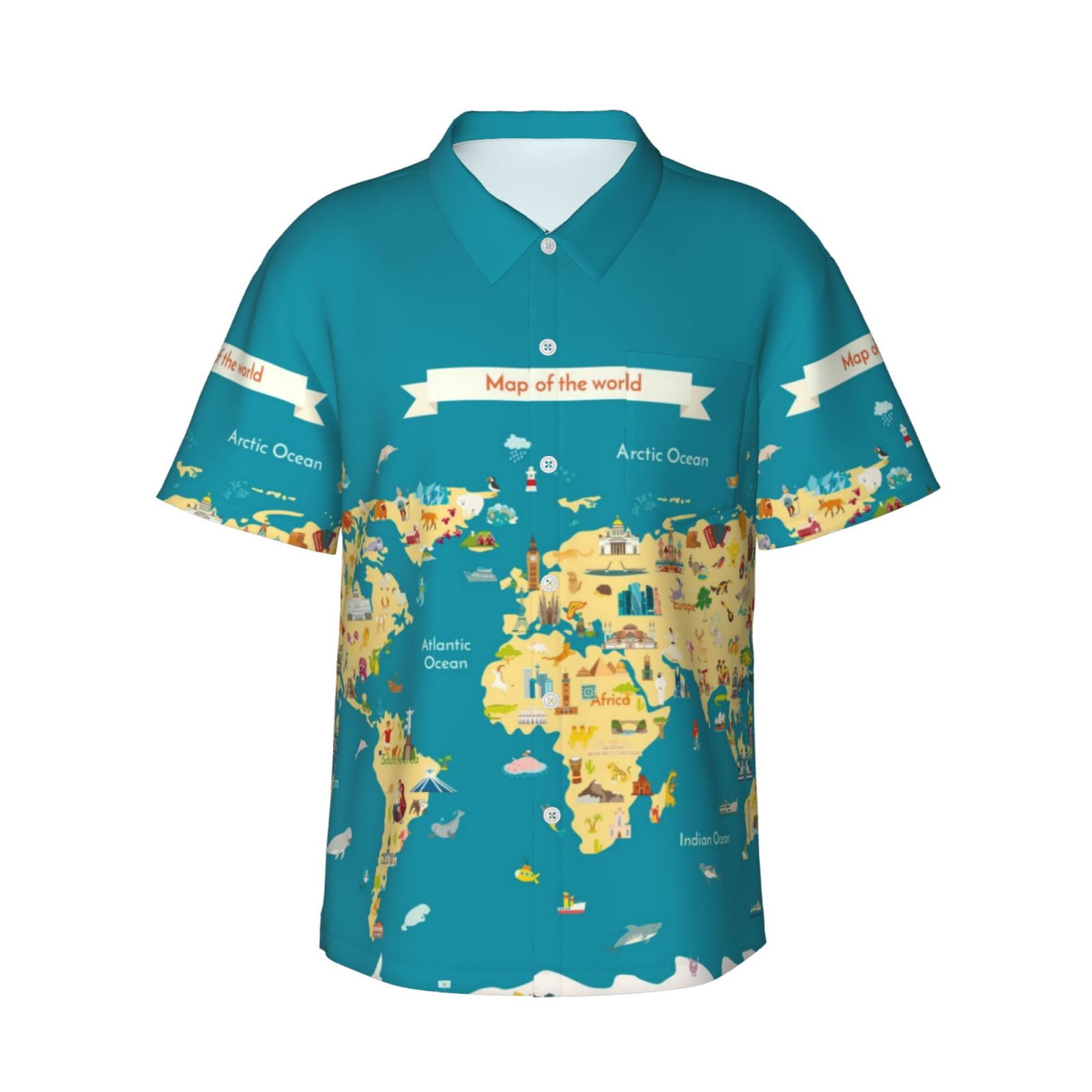 Hawaiian Shirt for Men, World Map With Landmarks Summer Shirts for Men ...