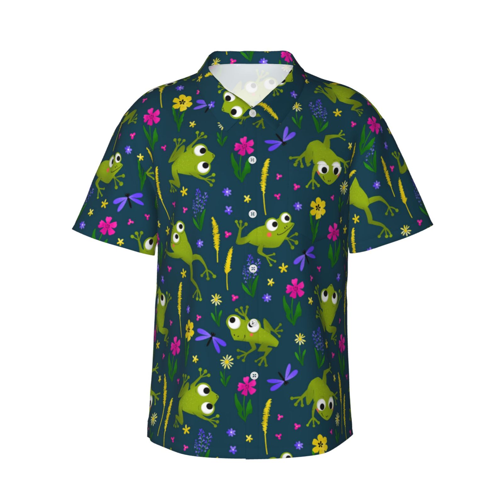 Hawaiian Shirt for Men, cartoon frogs flower navyblue Summer Shirts for ...