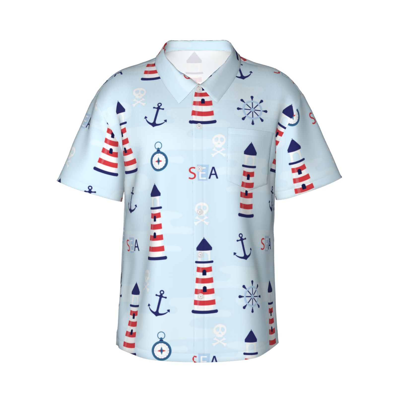 Hawaiian Shirt for Men - lighthouse steering wheel anchor blue Casual ...