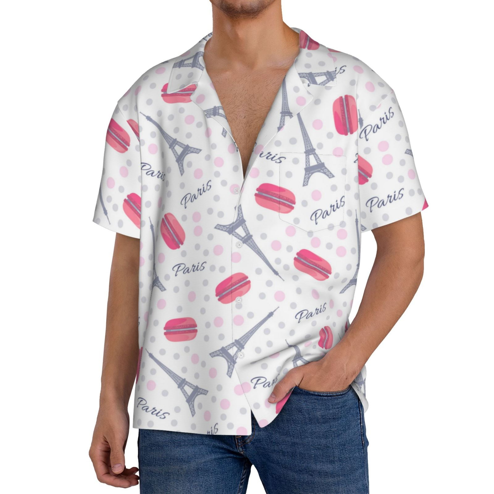 Hawaiian Shirt for Men - polka dots Eiffel Tower Short Sleeve Button ...