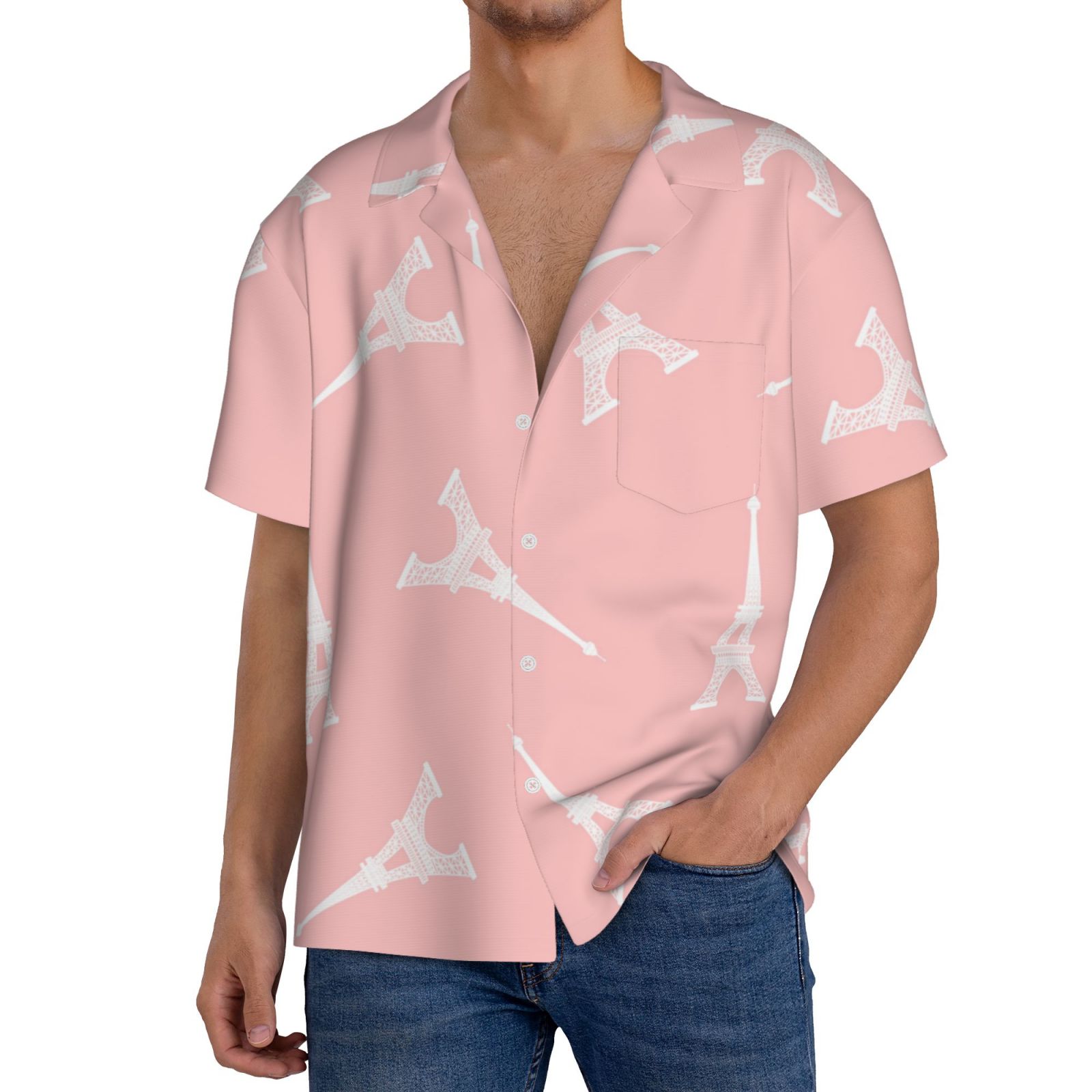 Hawaiian Shirt for Men - white Eiffel Towers pink Short Sleeve Button ...