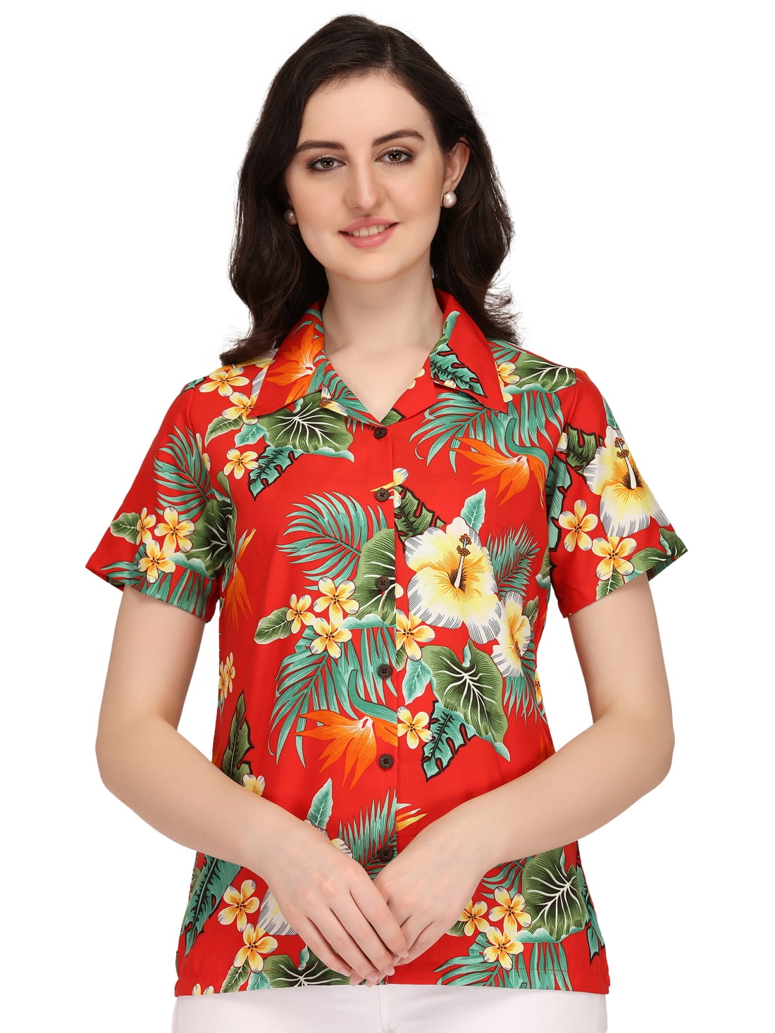 Hawaiian Shirts 46W Womens Flower Leaf Beach Aloha Top Blouse Red XS ...