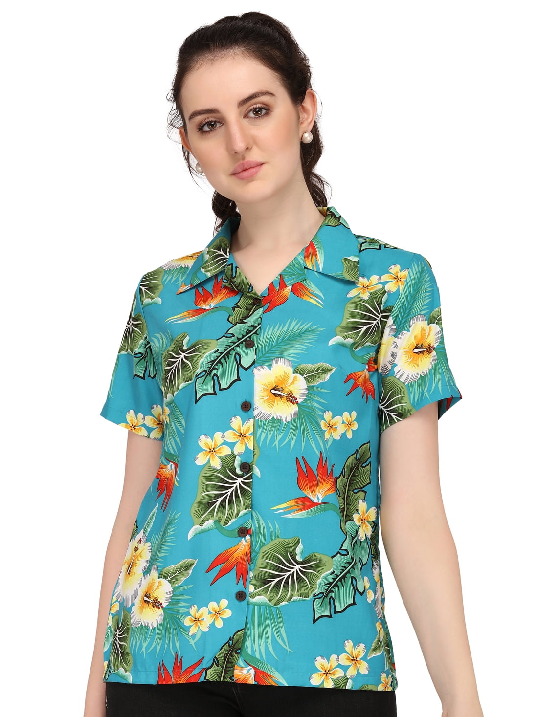 Hawaiian Shirts 46W Womens Flower Leaf Beach Aloha Top Blouse Turquoise ...
