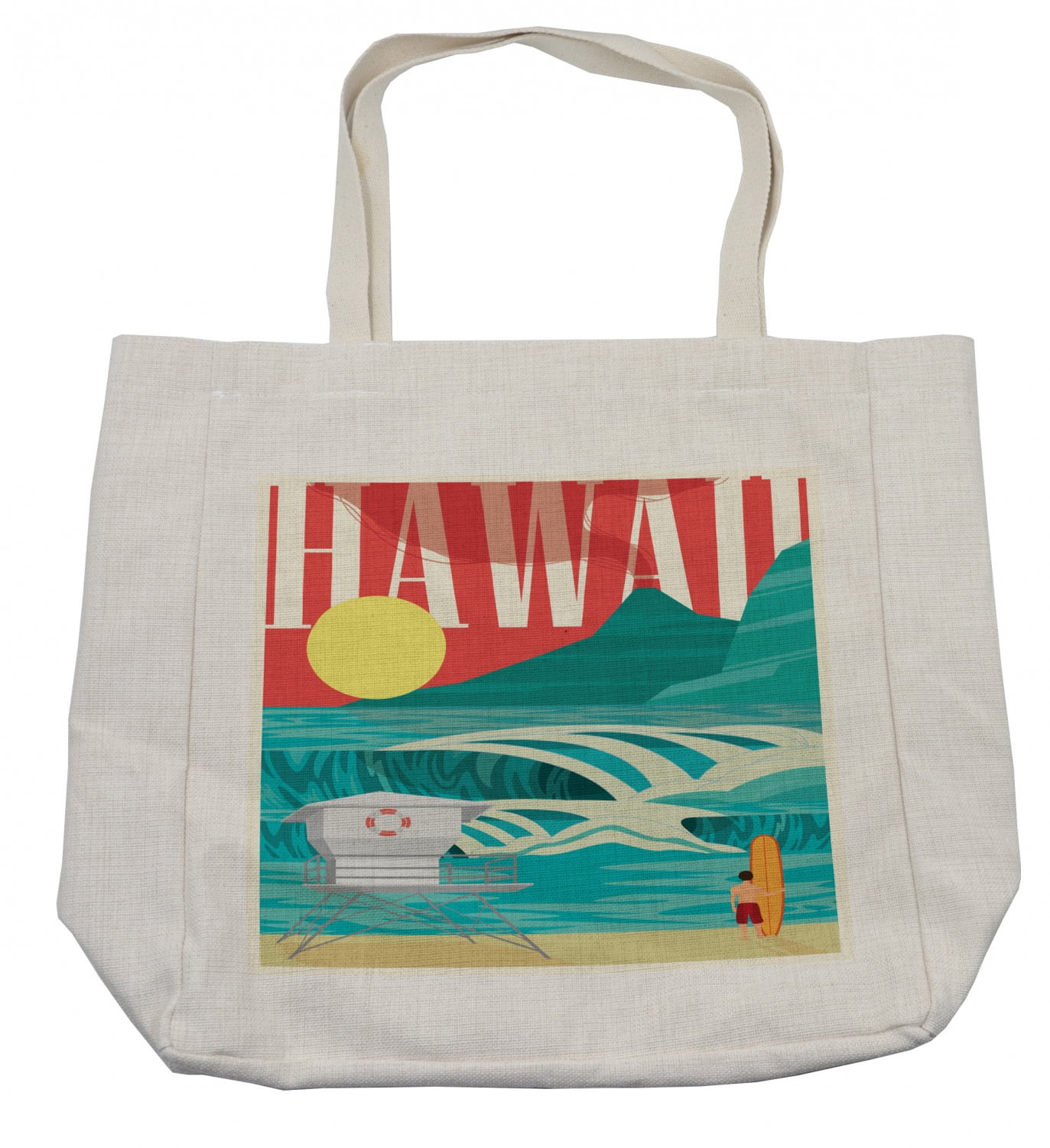 Hawaiian Shopping Bag, Hawaii Sandy Coastline Sunny Day Surfboard ...