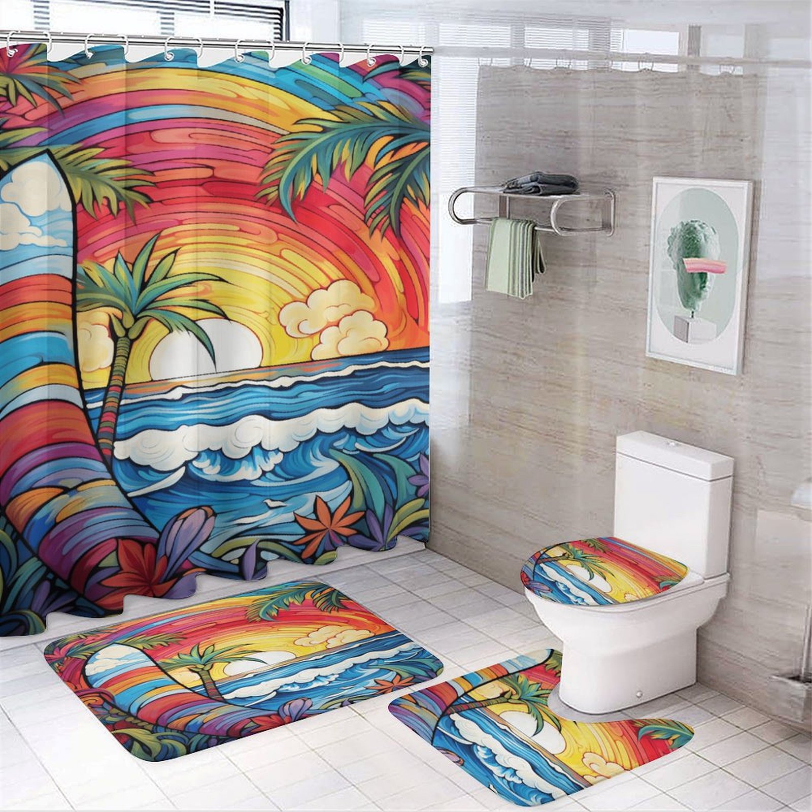 Hawaiian Style Bathroom Sets with Shower Curtain And Rugs, Incl with 12 ...