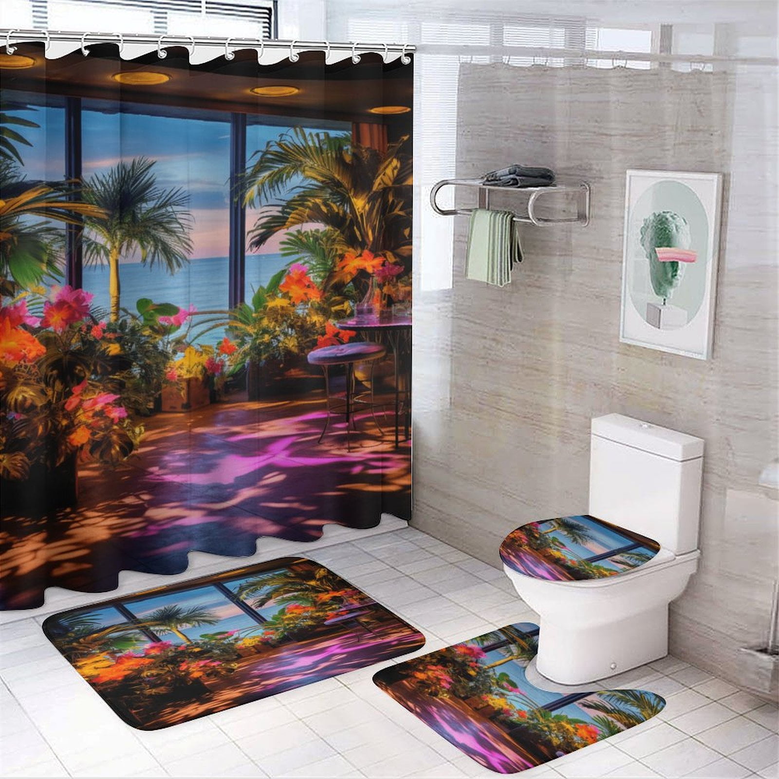 Hawaiian Style Bathroom Sets with Shower Curtain And Rugs, Incl with 12 ...
