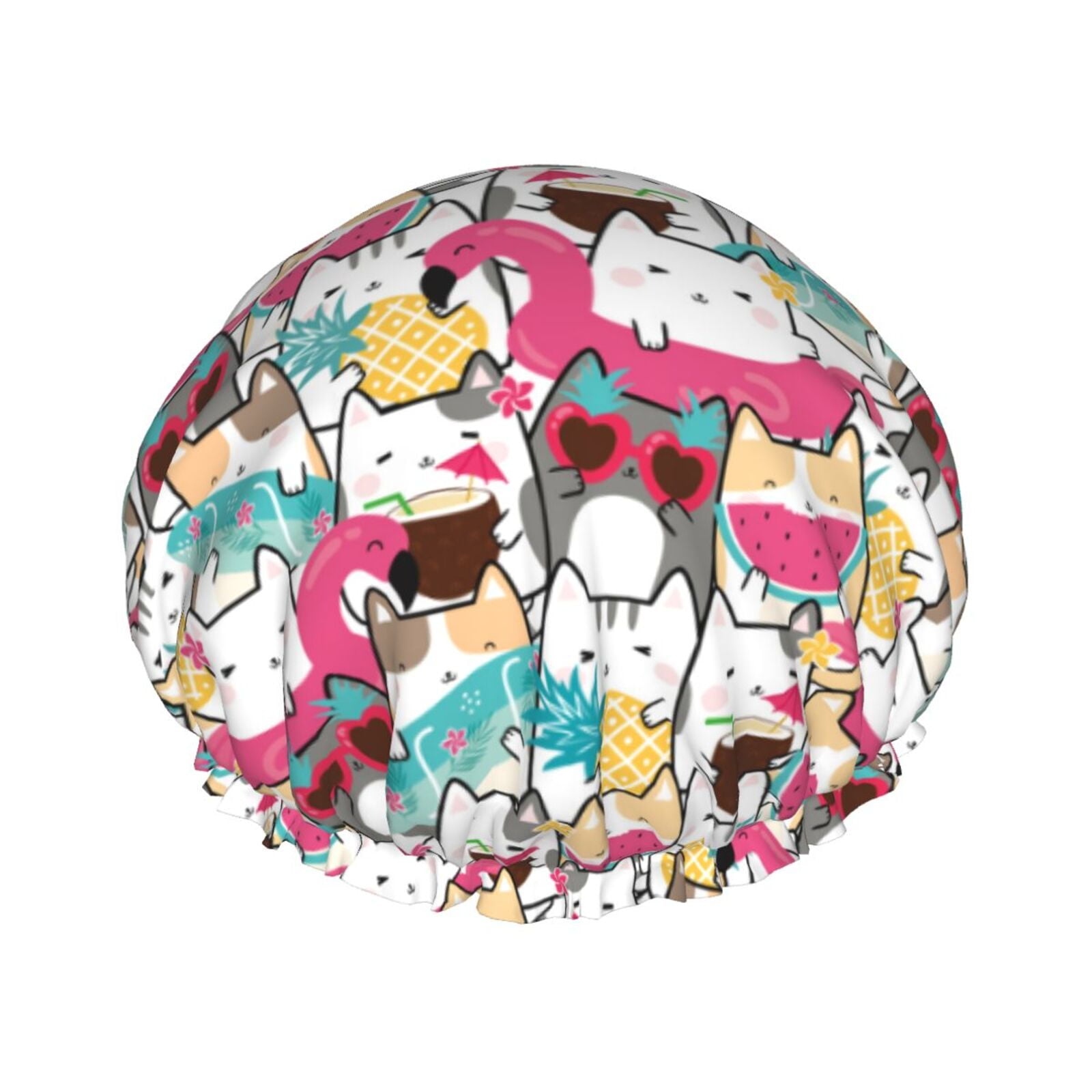Hawaiian Style Cute Cartoon Cat Shower Cap for Women, Double Waterproof ...