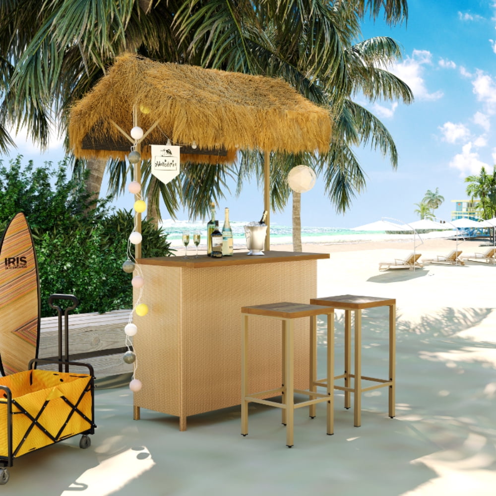 Hawaiian-Style Outdoor Bar Table Set with PE Grass Canopy & Acacia Wood ...