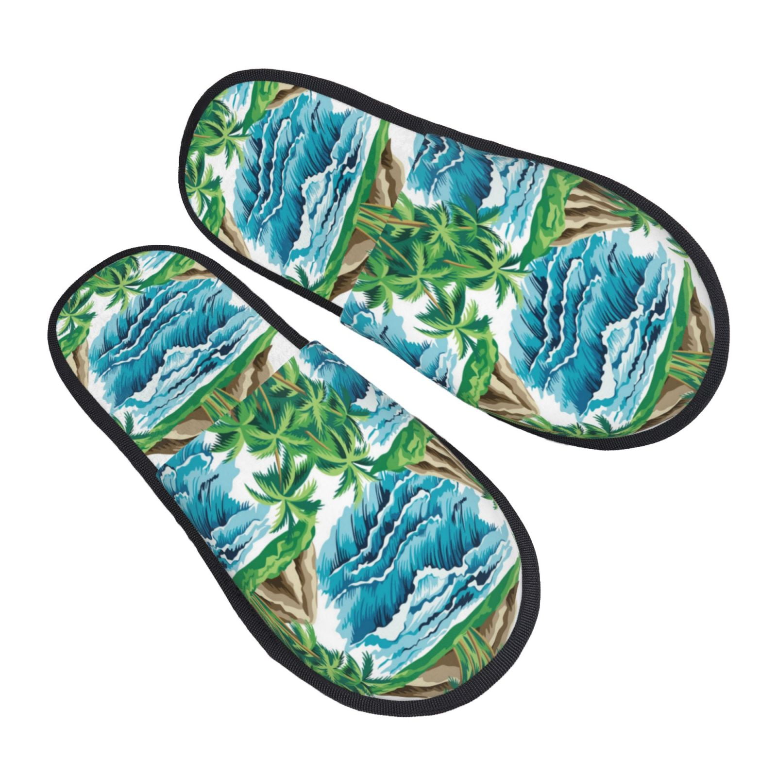 Hawaiian Style Waves House Slippers for Women Indoor, Fuzzy Warm Women ...