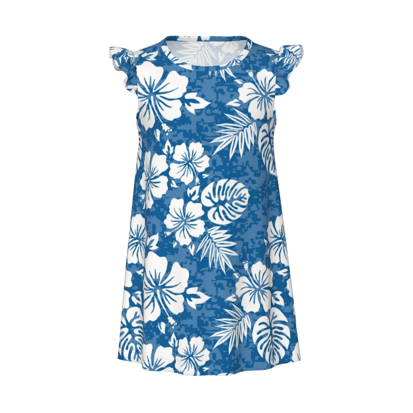 Hawaiian Style White Blue Girls Nightgown, Flutter Short Sleeves Night ...