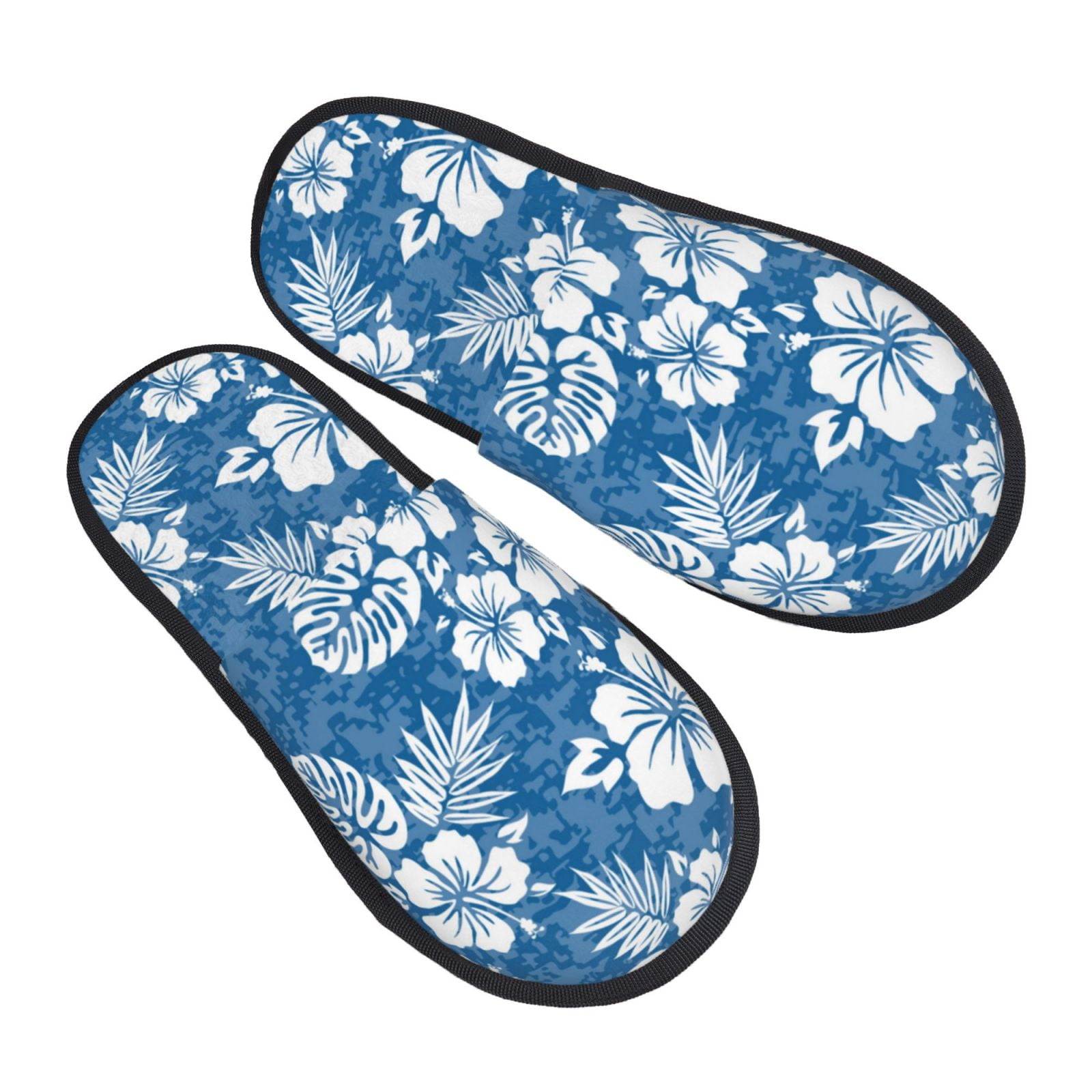 Hawaiian Style White Blue House Slippers for Women Indoor, Fuzzy Warm ...