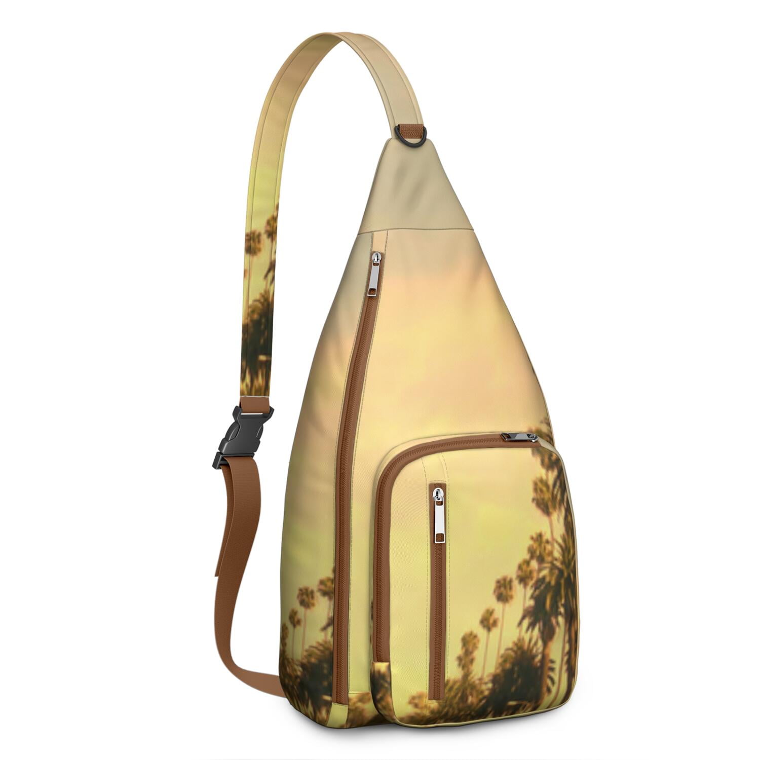 Hawaiian Sunset Beach Sling Backpack - Vibrant Palm Tree Silhouette ...