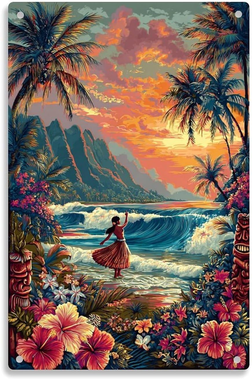Hawaiian Sunset Hula Dancer Tropical Beach Scene tin sign， Vintage ...