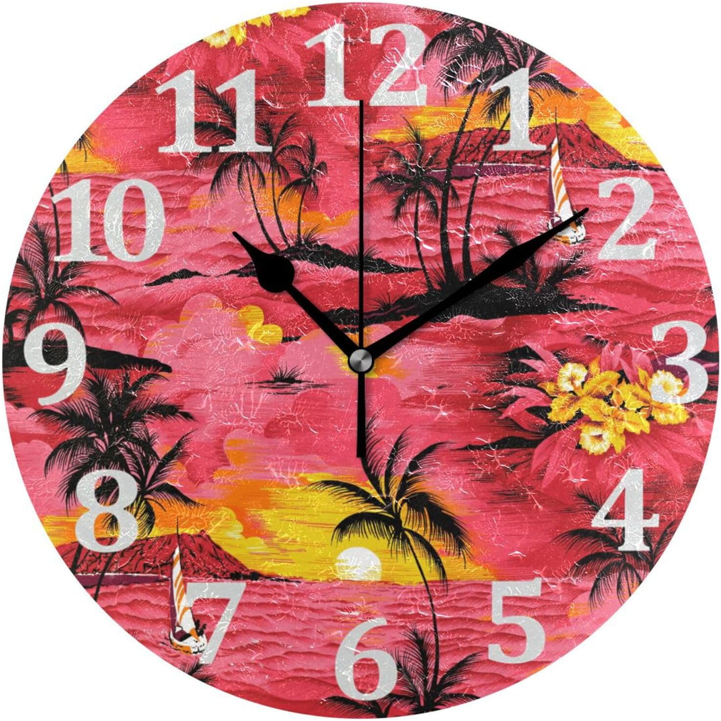 Hawaiian Sunset Palm Trees Wall Clock Round Vintage Silent Non Ticking ...
