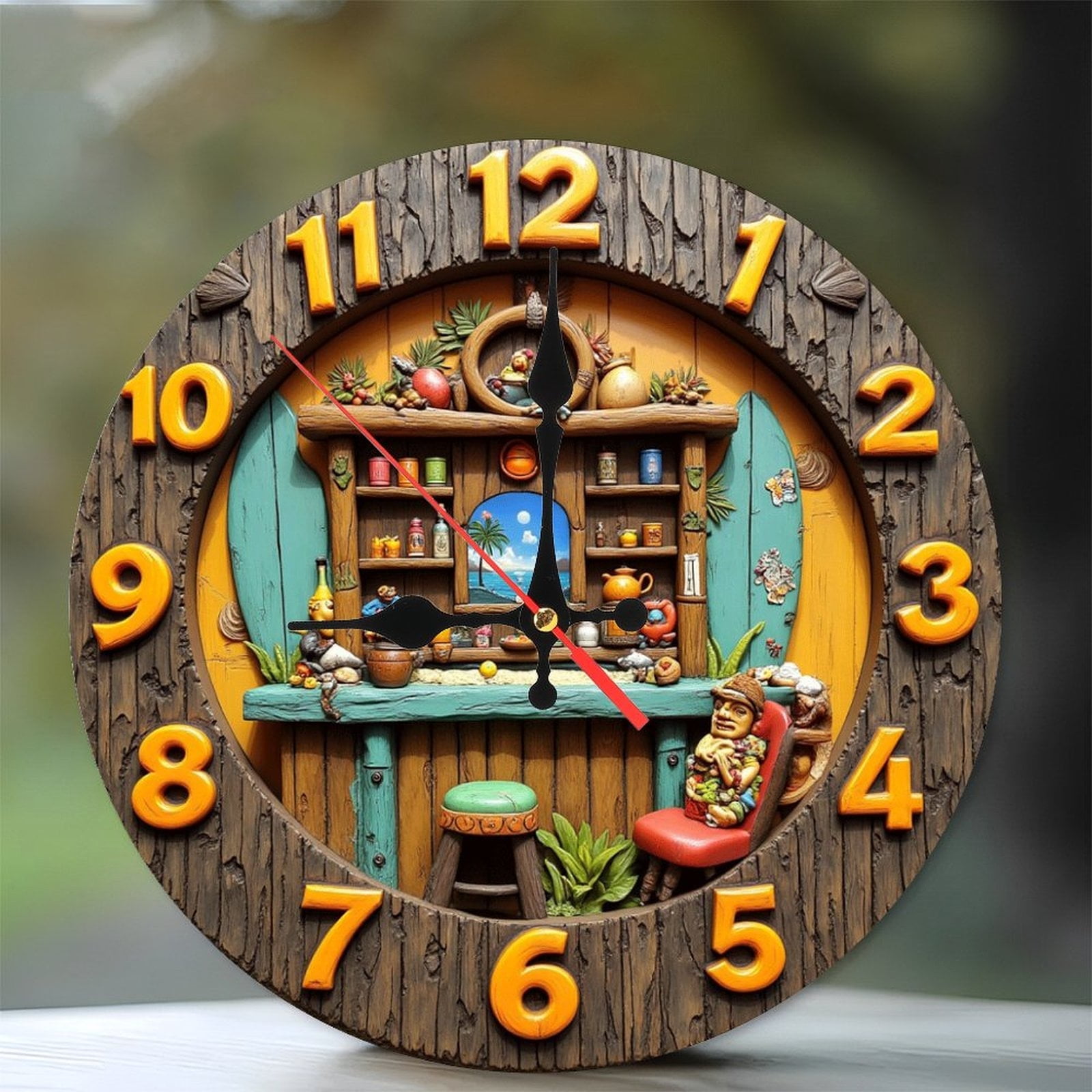 Hawaiian Tiki Bar Wall Clock Surf Shack Decor 12-Inch Silent Wooden ...