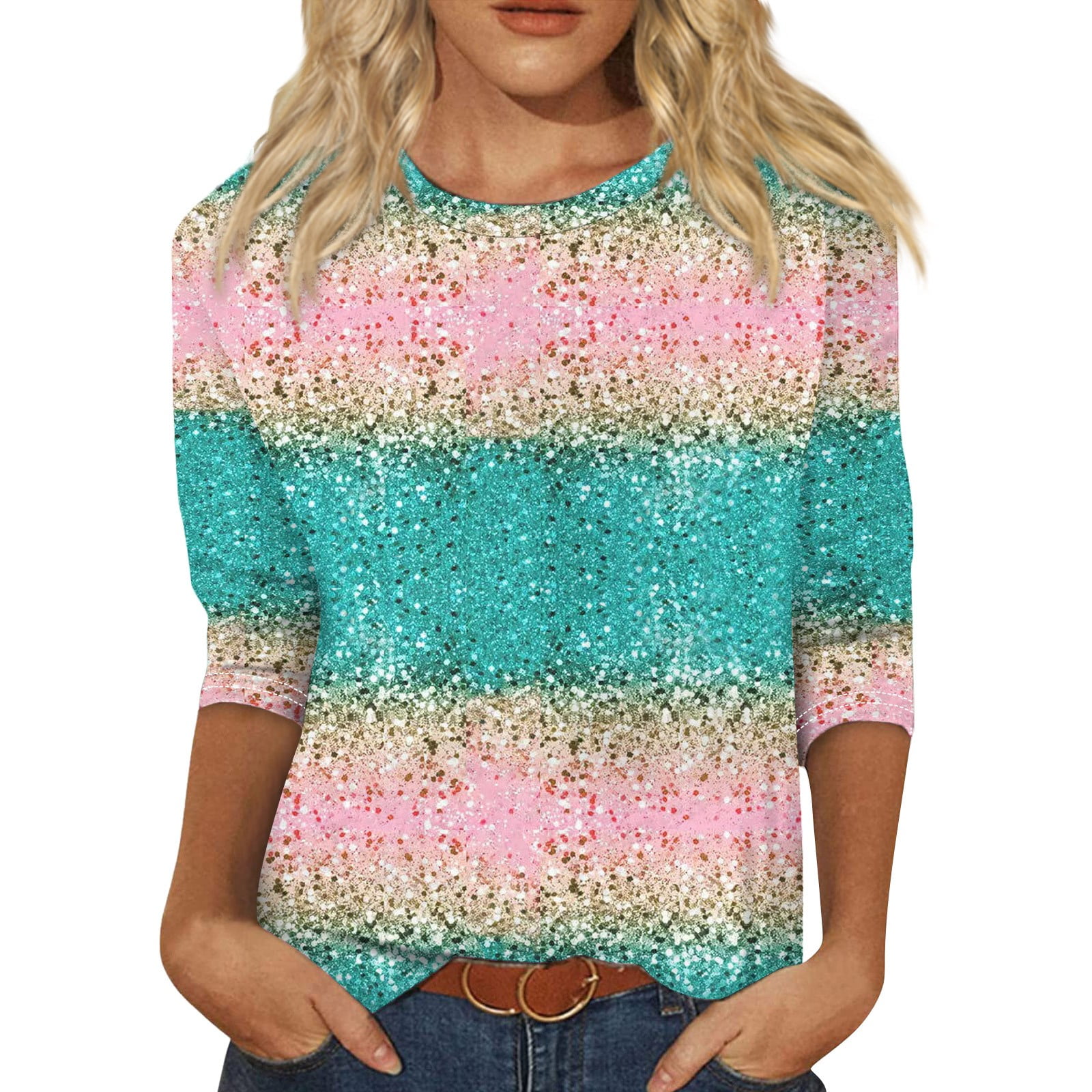 Hawaiian Trendy 3/4 Sleeves Shirts for Womens Casual Round Neck ...