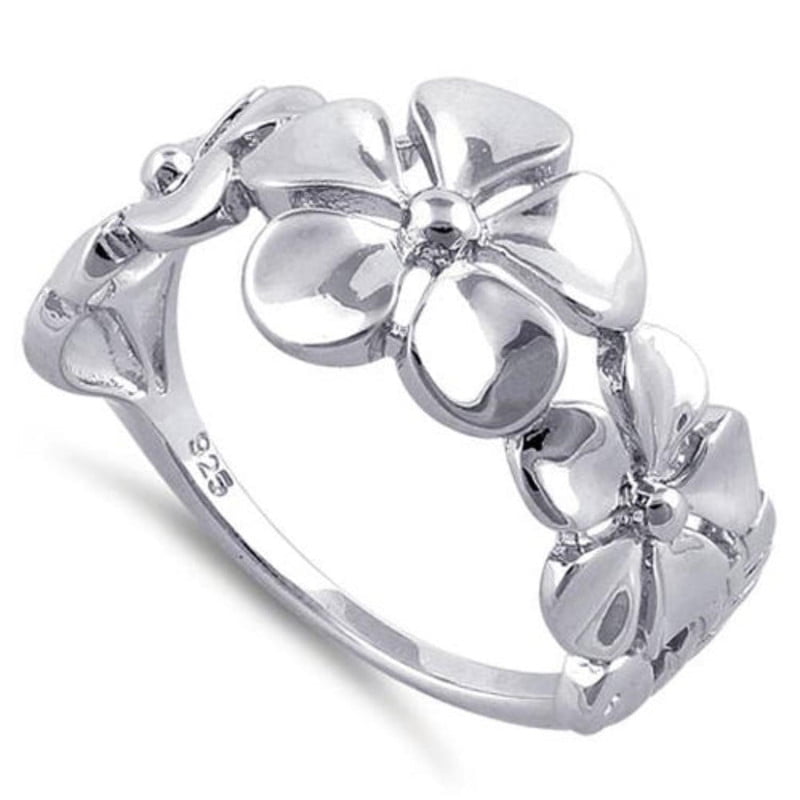 Hawaiian Triple Plumeria Flower Lei Ring 925 Sterling Silver Dainty ...