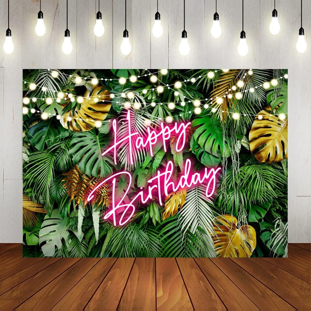 Hawaiian Tropical Aloha Palm Leaves Happy Birthday Backdrop Pink Neon ...