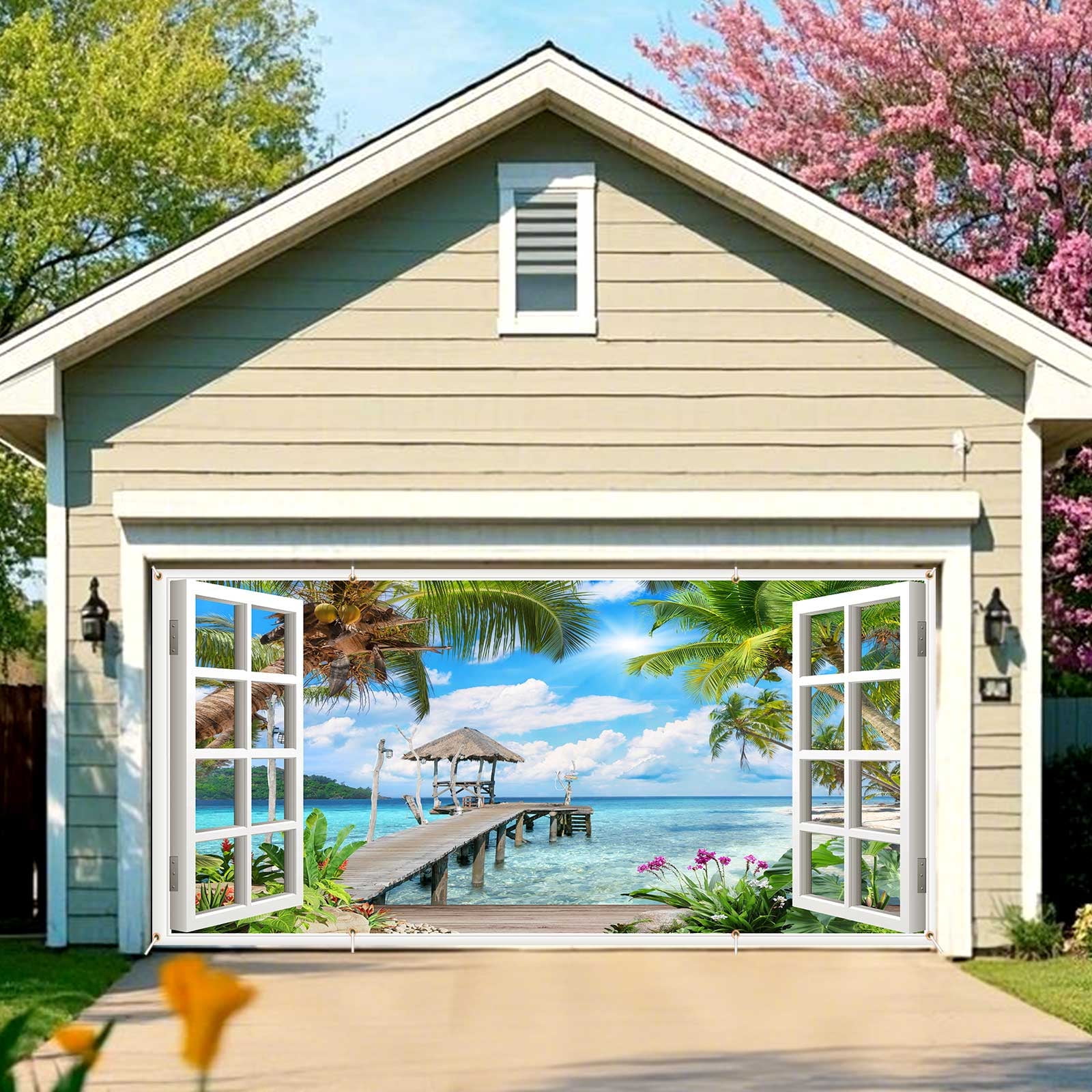 Hawaiian Tropical Beach Garage Door Cover Banner Decorations, Summer ...