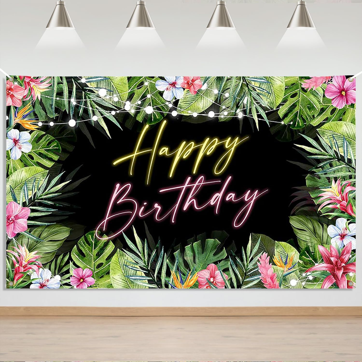 Hawaiian Tropical Birthday Backdrop Banner Tropical Palm Leaves ...