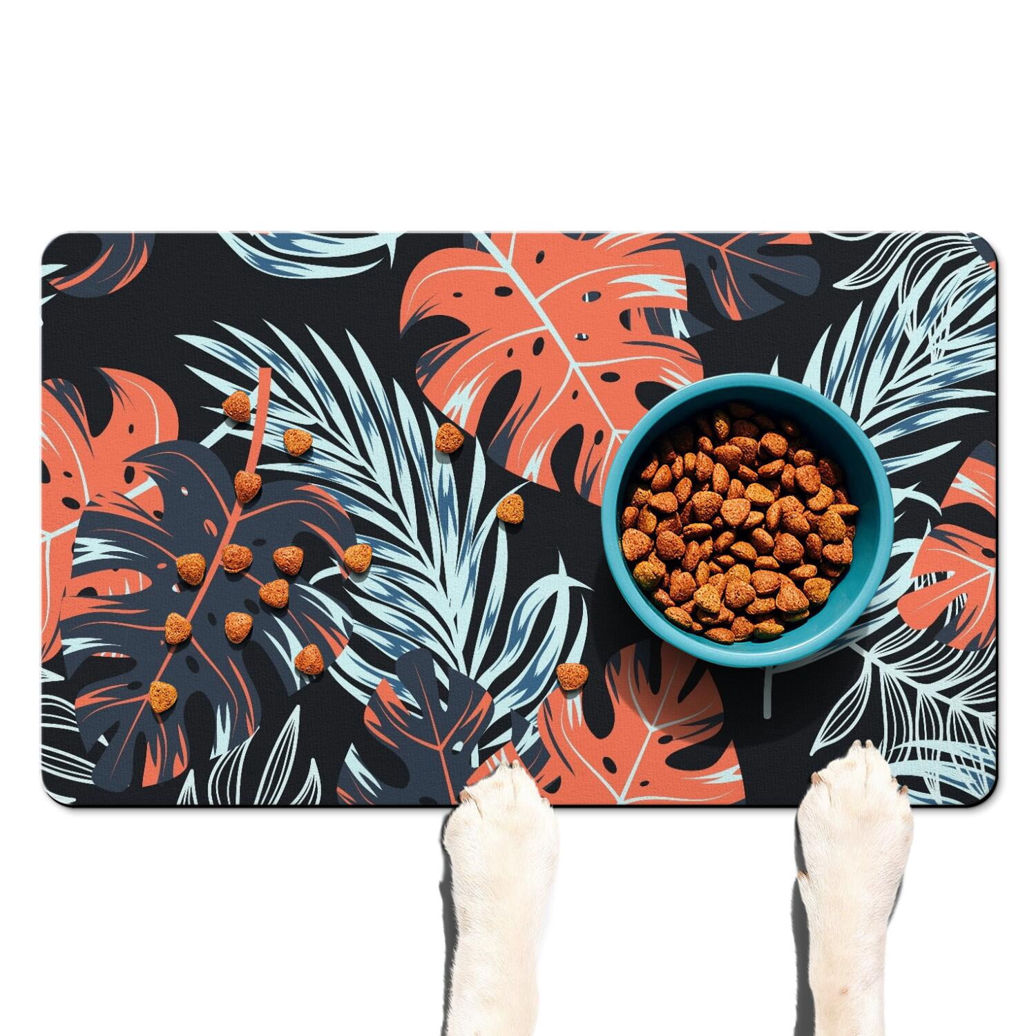Hawaiian Tropical Leaf Dog Food Mat with Vibrant Jungle Leaves and ...