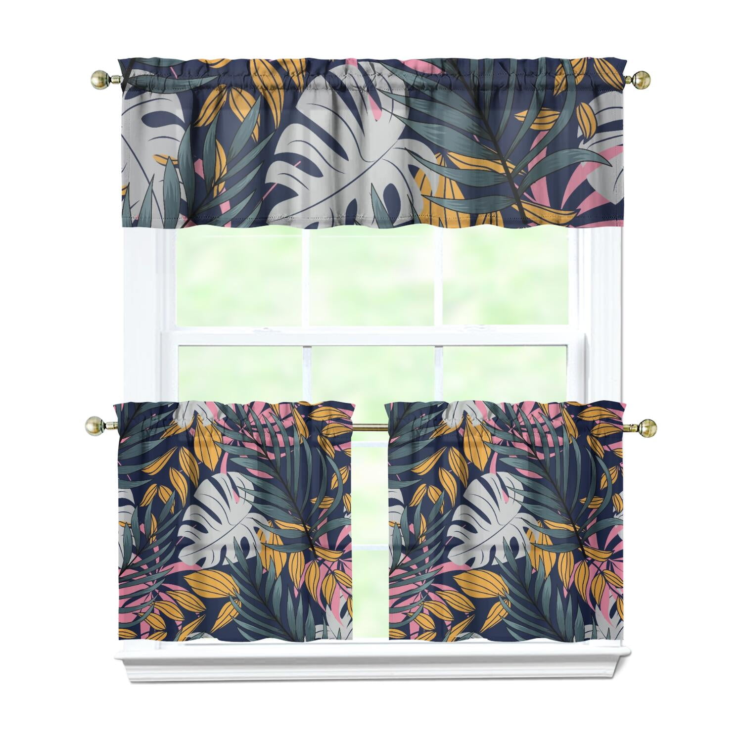Hawaiian Tropical Leaf Kitchen Curtains Set of 3 - Palm Leaf Valance ...