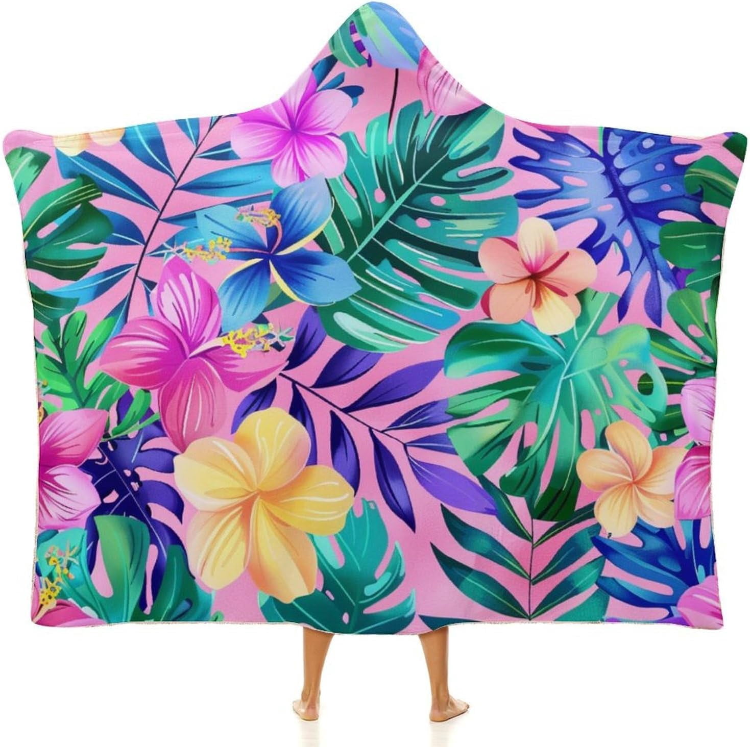 Hawaiian Tropical Leaves And Flowers Hooded Blanket Watercolor Summer ...