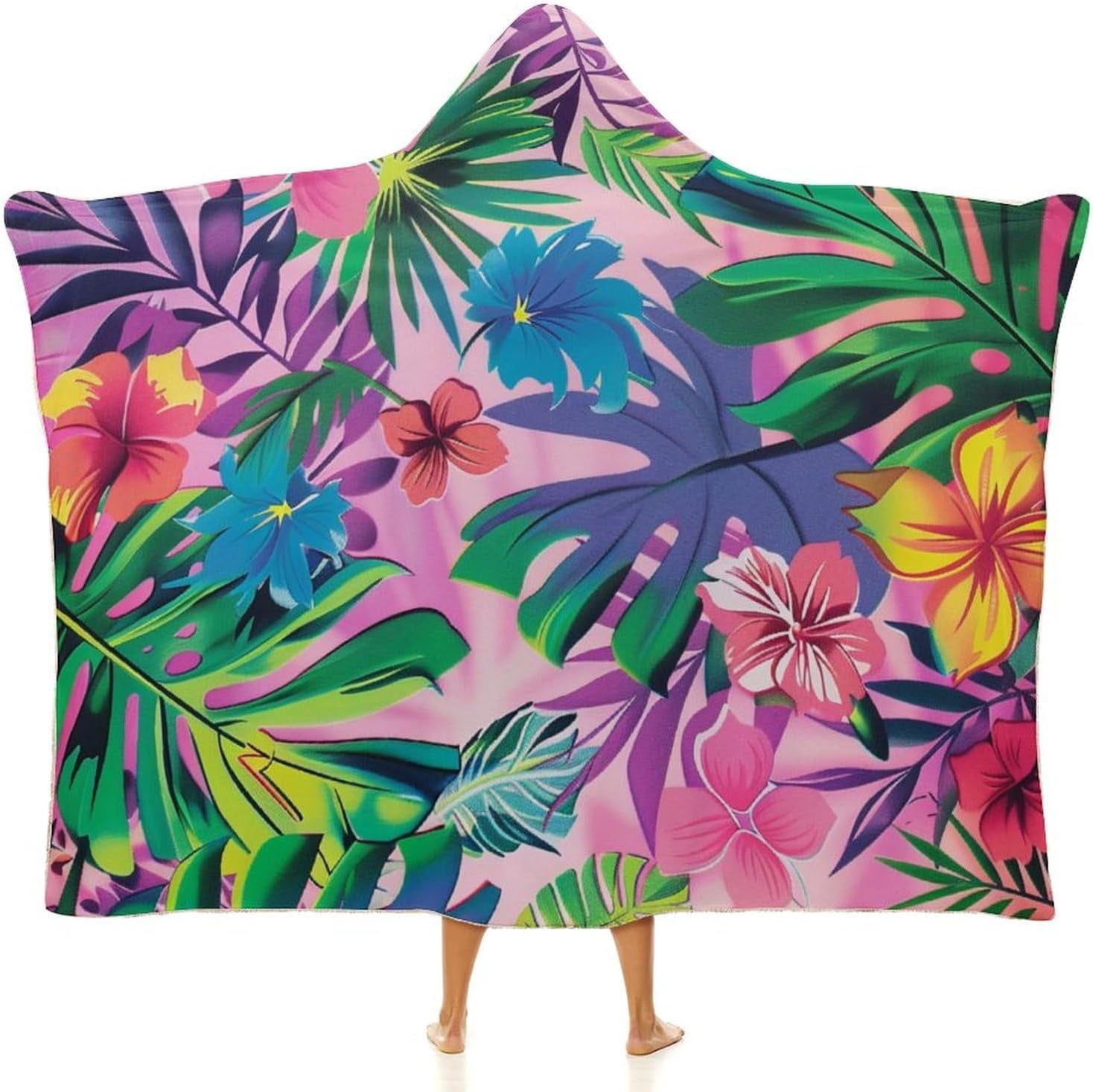 Hawaiian Tropical Leaves And Flowers Hooded Blanket Watercolor Summer ...