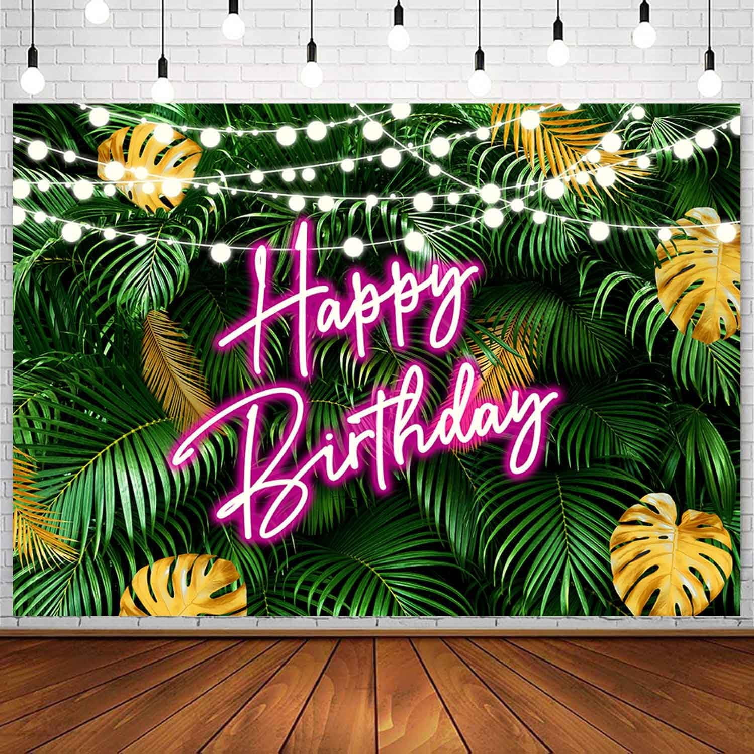 Hawaiian Tropical Palm Leaves Happy Birthday Backdrop Aloha Luau Pink ...