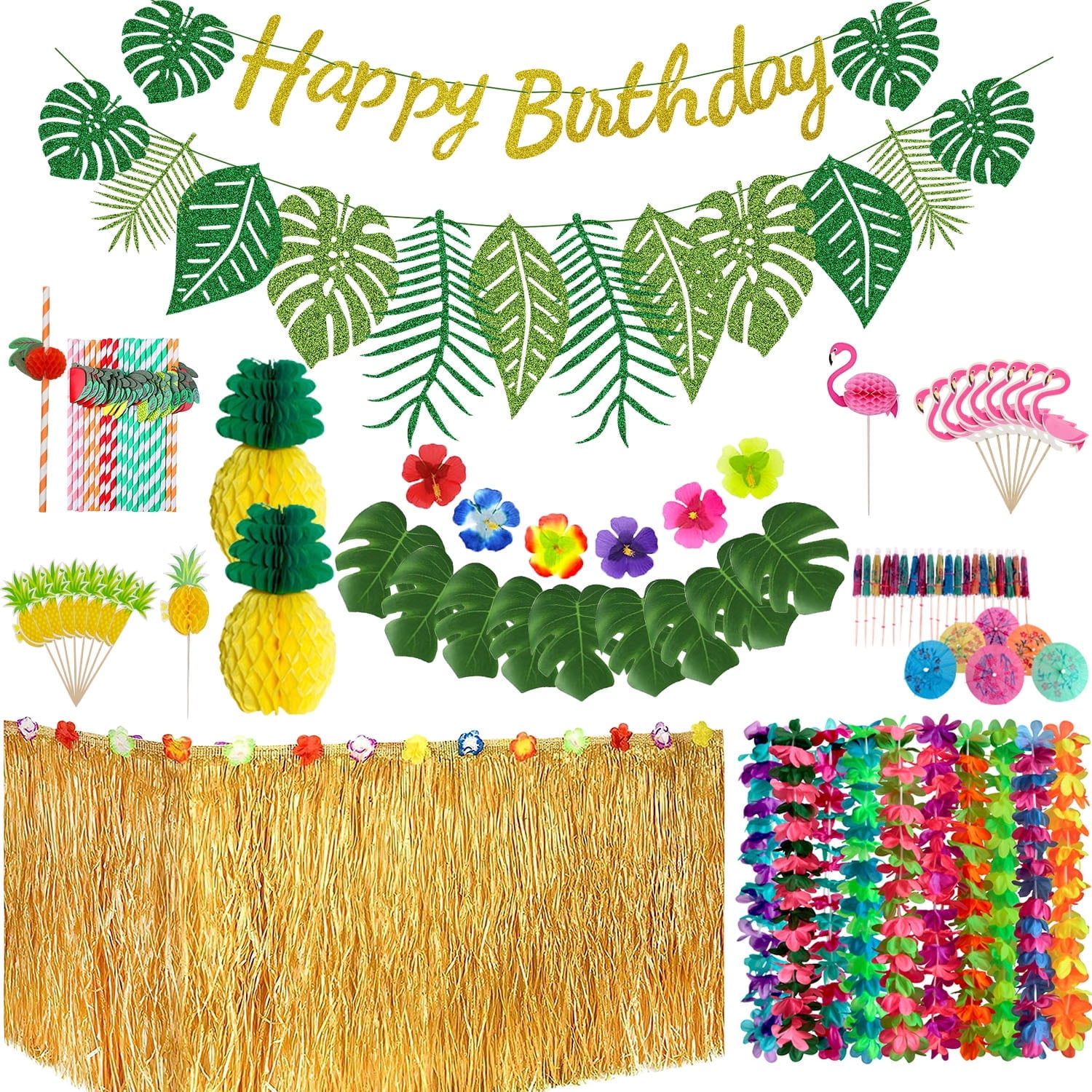 Hawaiian Luau Party Supplies - Tropical Grass Table Skirt, Flowers ...