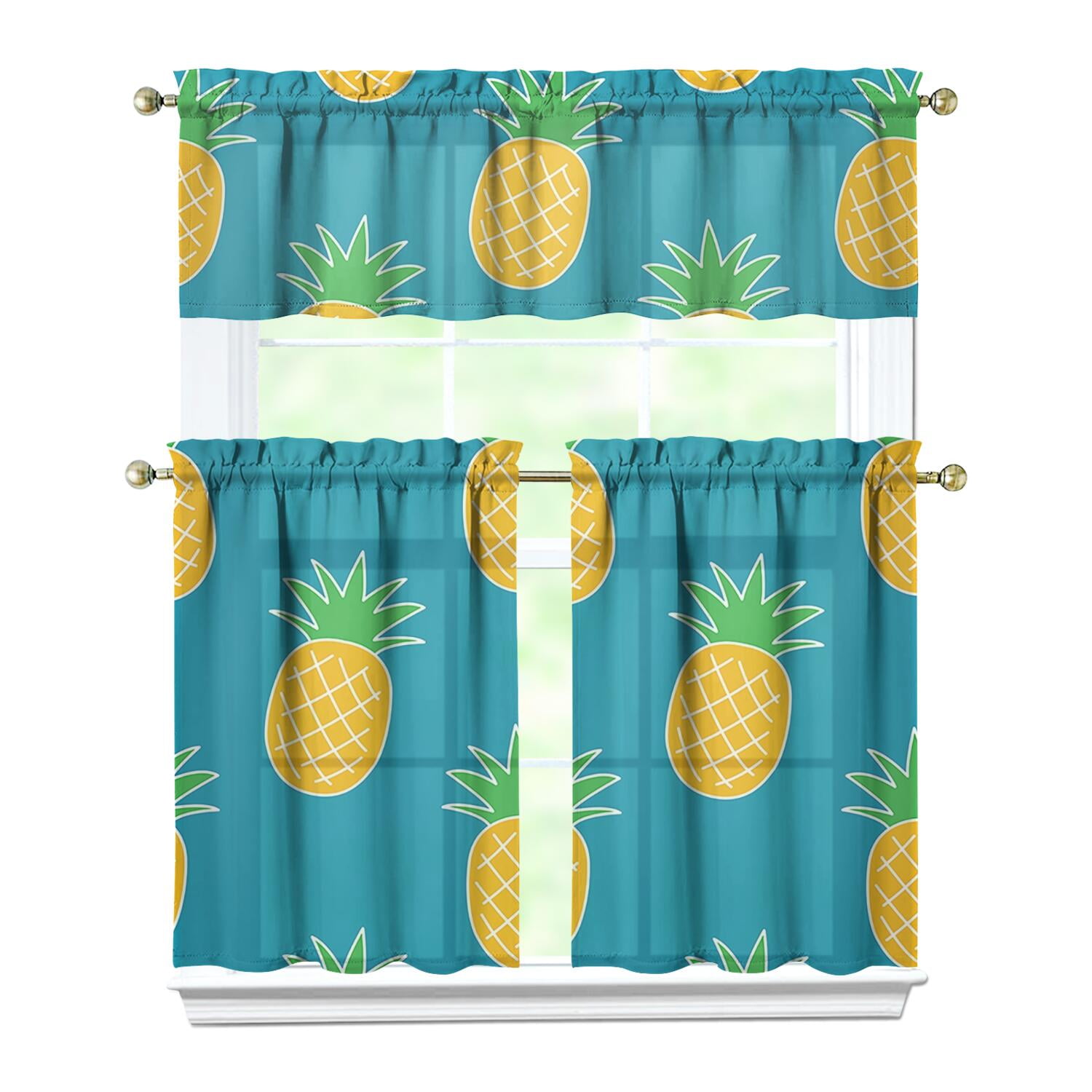 Hawaiian Tropical Pineapple Kitchen Curtains Set Tier And Valance