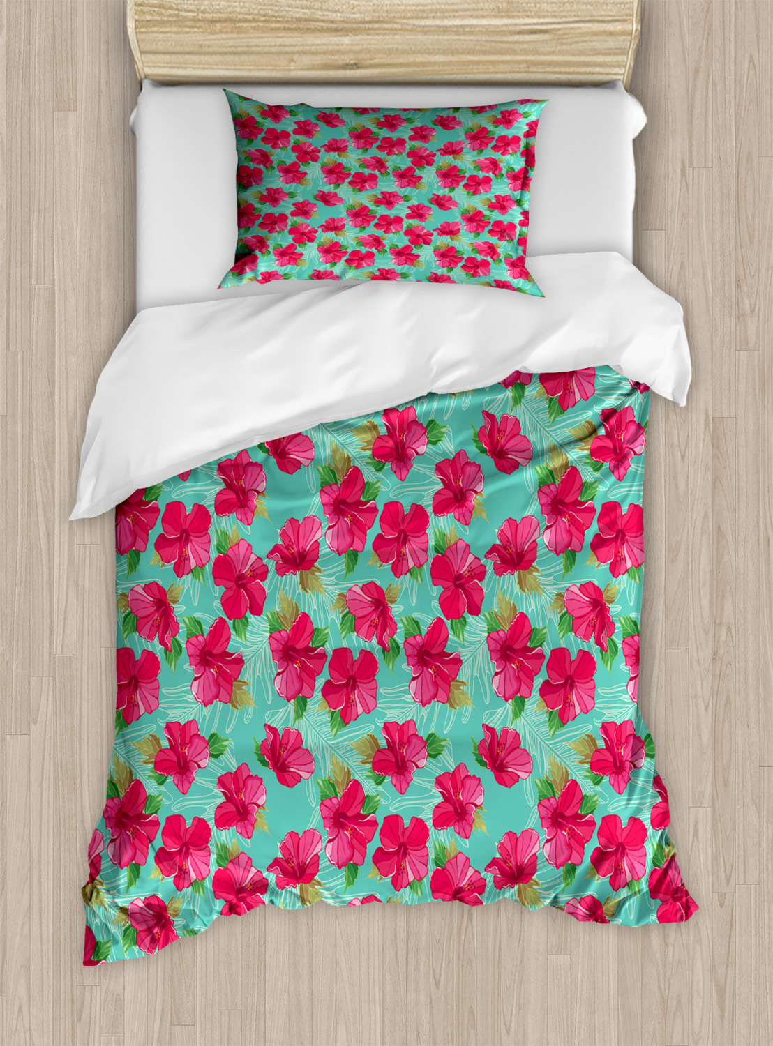 Hawaiian Twin Size Duvet Cover Set, Botanical Garden Pattern with Pink ...