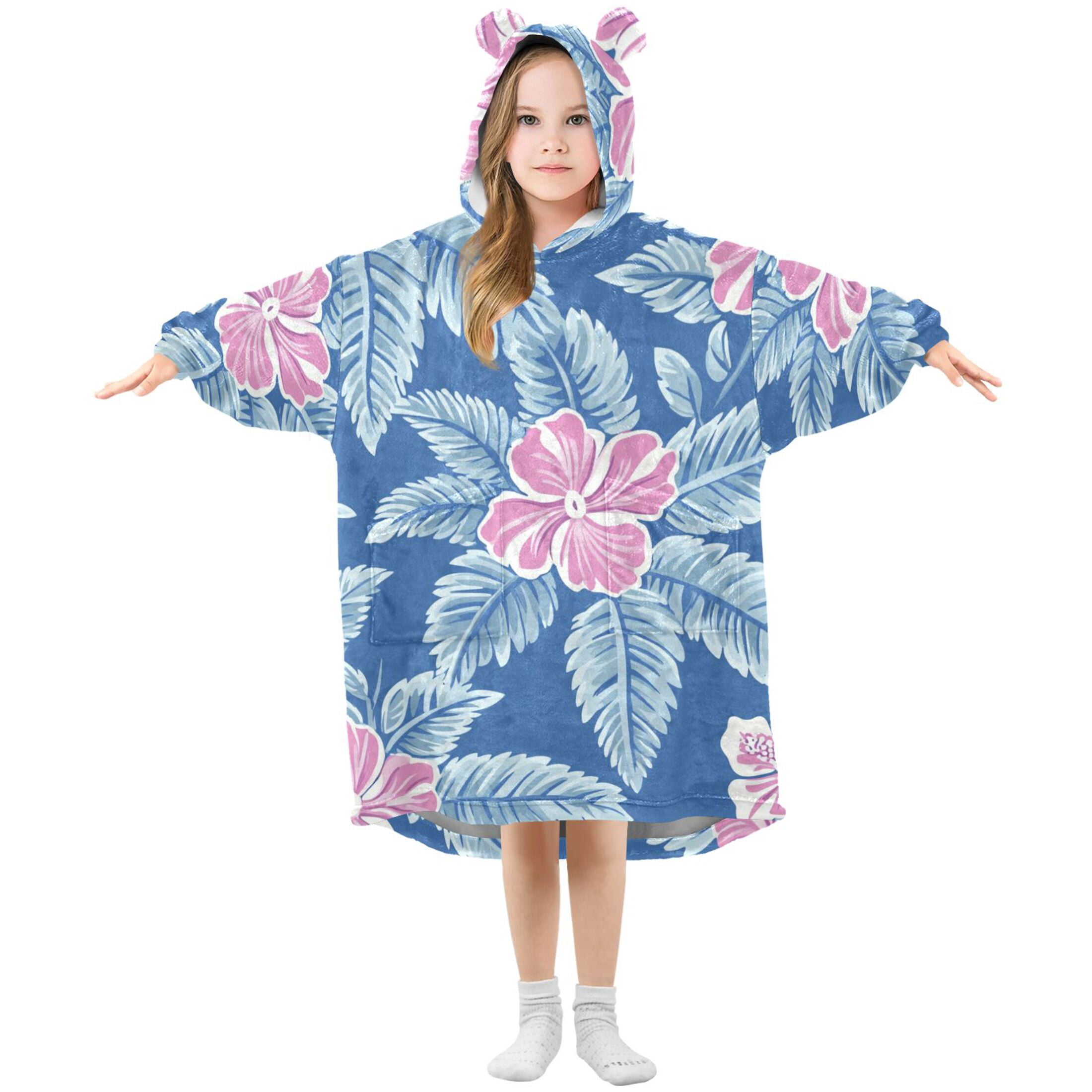 Hawaiian Vintage Pinkish Flowers Blue Leaves Flannel Wearable Blankets ...