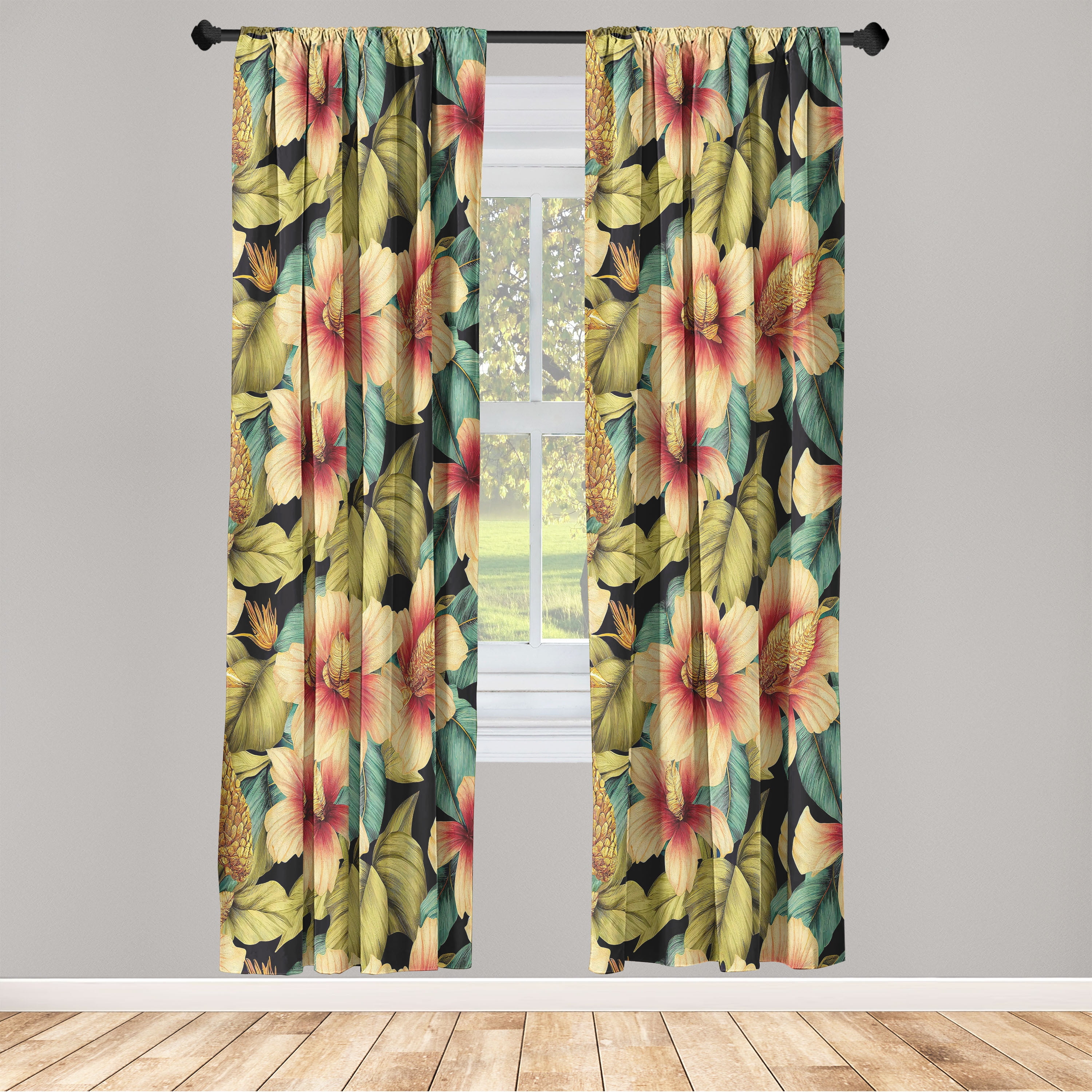 Hawaiian Window Curtains, Vintage Tropical Pattern of Pinkish Hibiscus ...