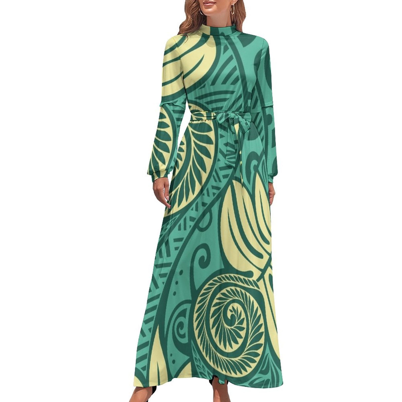 Hawaiian ulu breadfruit turquoise blue cream design Long Dress chic and ...