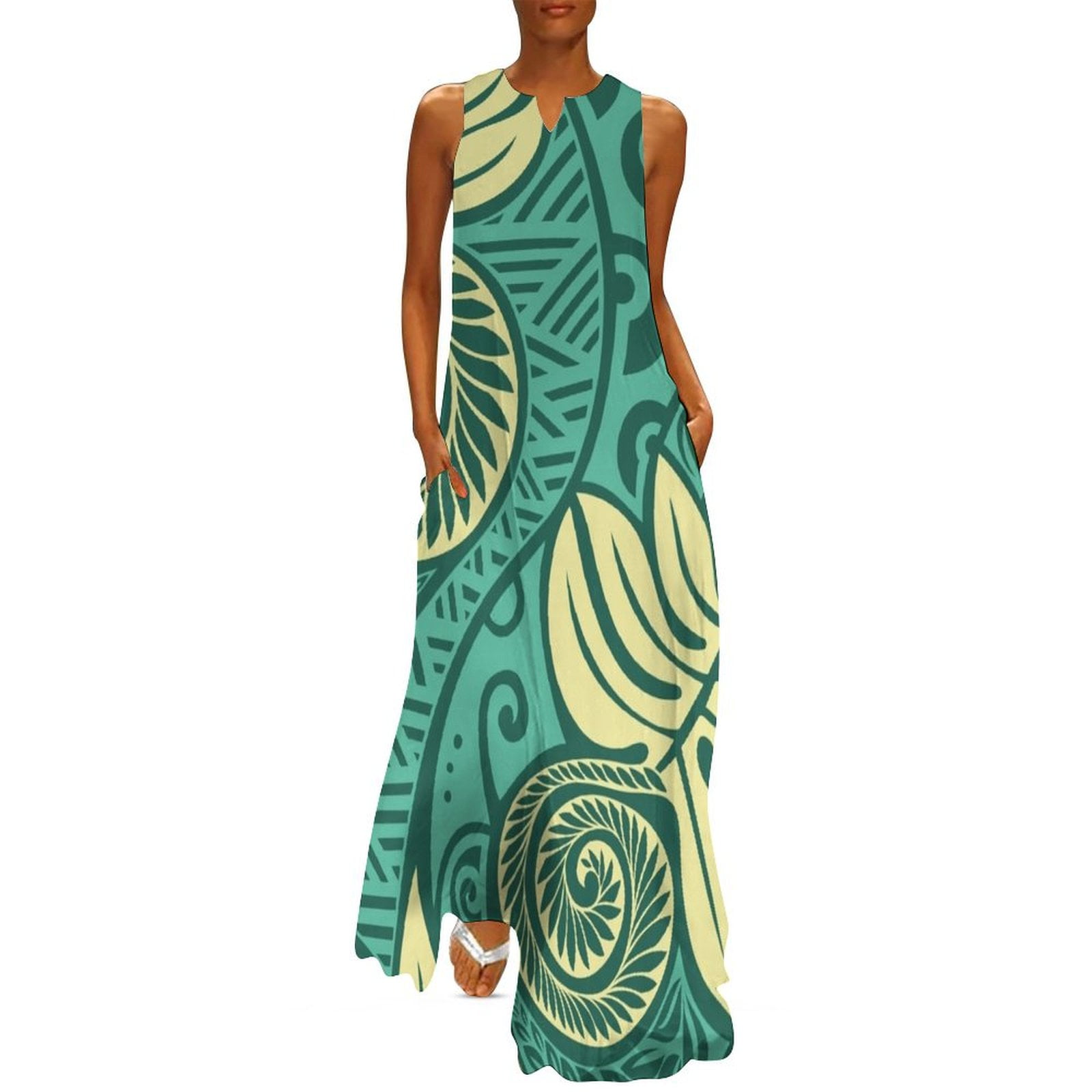 Hawaiian ulu breadfruit turquoise blue cream design Long Dress wedding ...