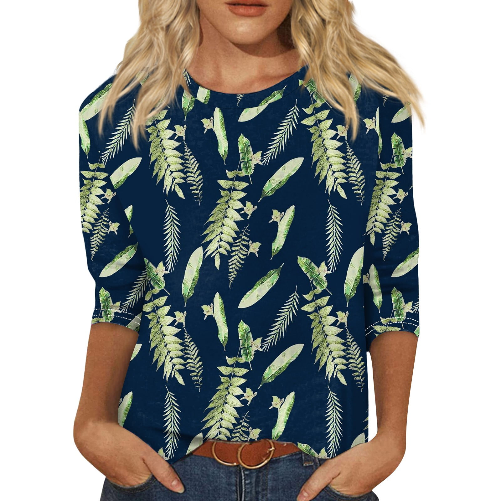 Hawaiianan Shirts for Women 3/4 Length Sleeve Tops Casual Tropical Leaf Floral Print Vacation ...