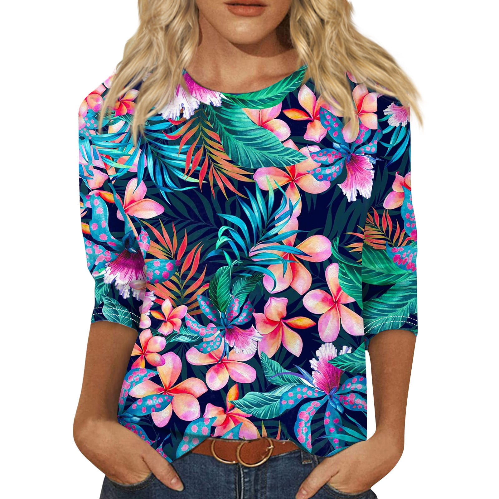 Hawaiianan Shirts for Women 3/4 Length Sleeve Tops Casual Tropical Leaf Floral Print Vacation ...